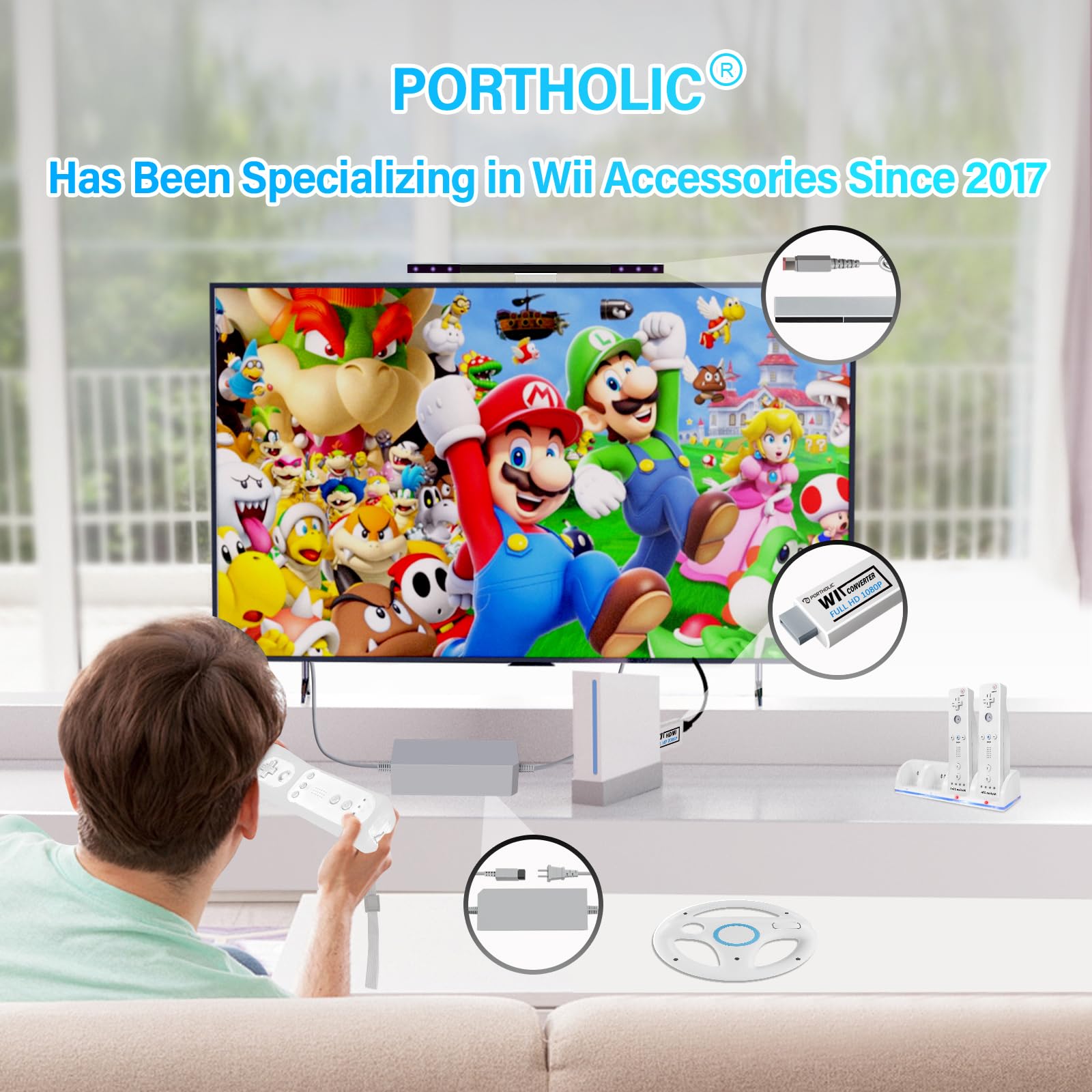 4 in 1 Wii Replacement Cables Set, Wii AC Power Adapter + Wii to hdmi Converter+ Wired Motion Sensor Bar and Composite Audio Video Cable for Nintendo Wii