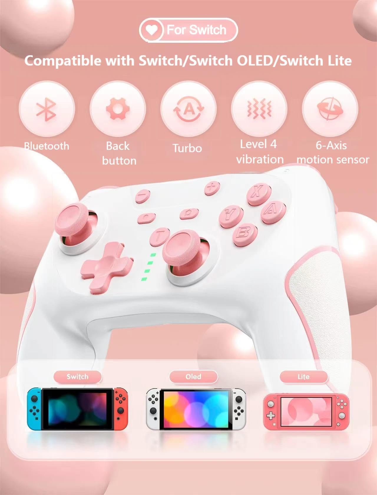 Matbip Wireless Pro Controller for Switch/Switch Lite/Switch OLED, wireless controller for switch with 2 back buttons, 3-level TURBO adjustable (Pink)