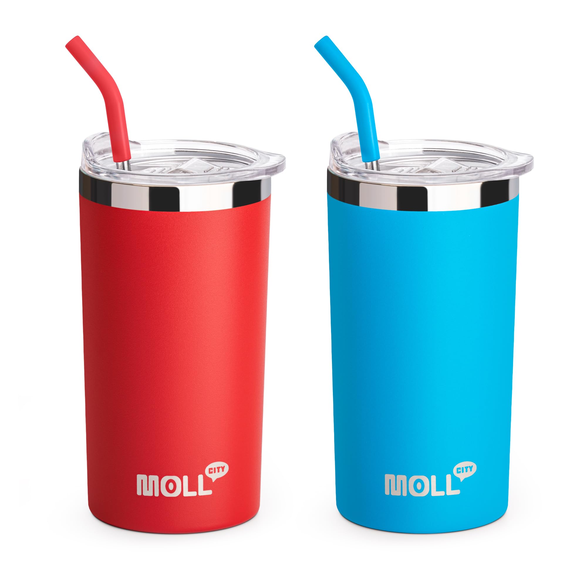 Mollcity Kids Cup with Lids and Straws-12 oz Stainless Steel Double Wall Vacuum Insulated Skinny Tumbler for Girls, Leak Proof and BPA Free (Canyon Red-Sky Blue)