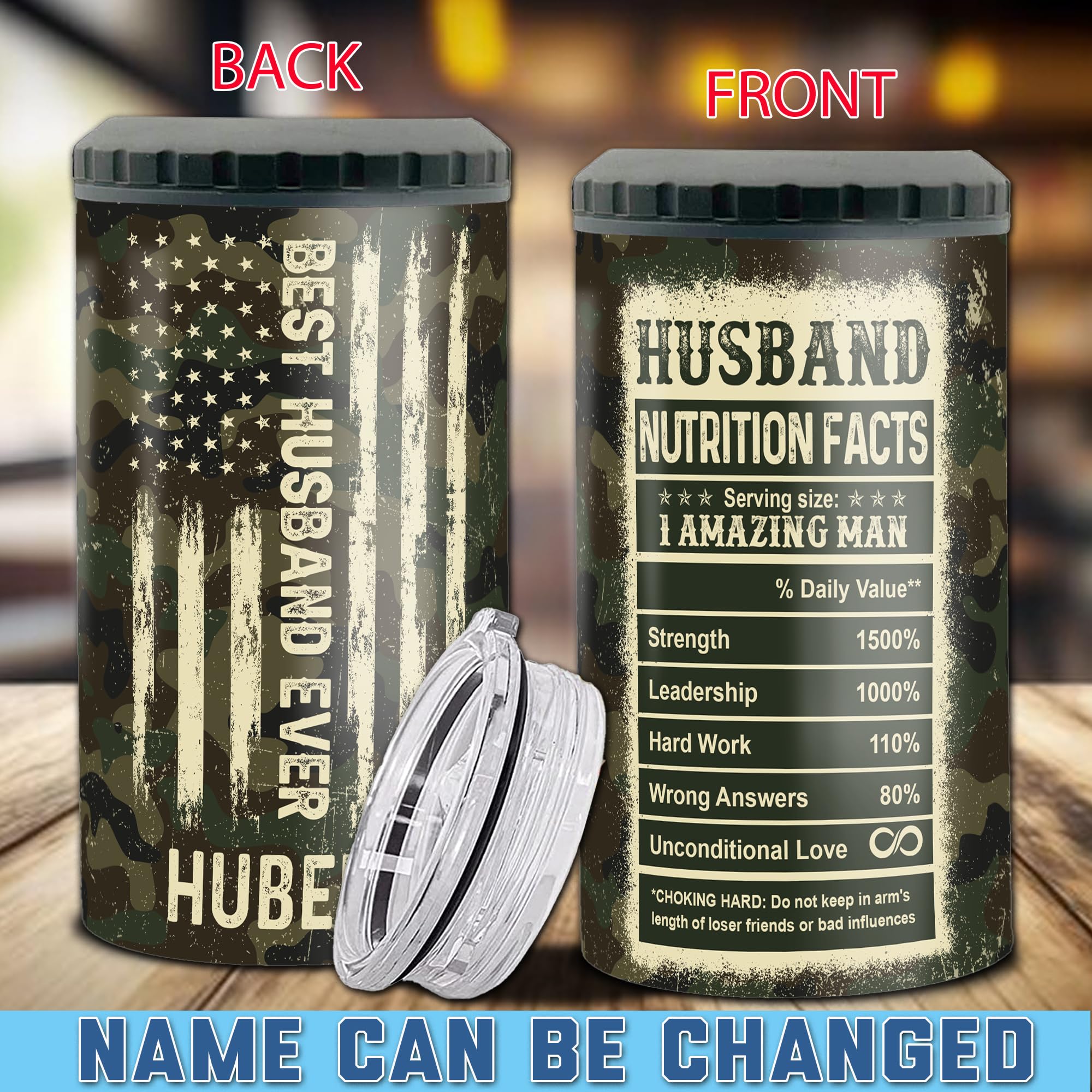 Personalized Husband Can Cooler 4 in 1 Holder Cup with Lids Customized Name 16oz Beer Drinking Gifts for Hubby from Wife Birthday Christmas Fathers Day Anniversary