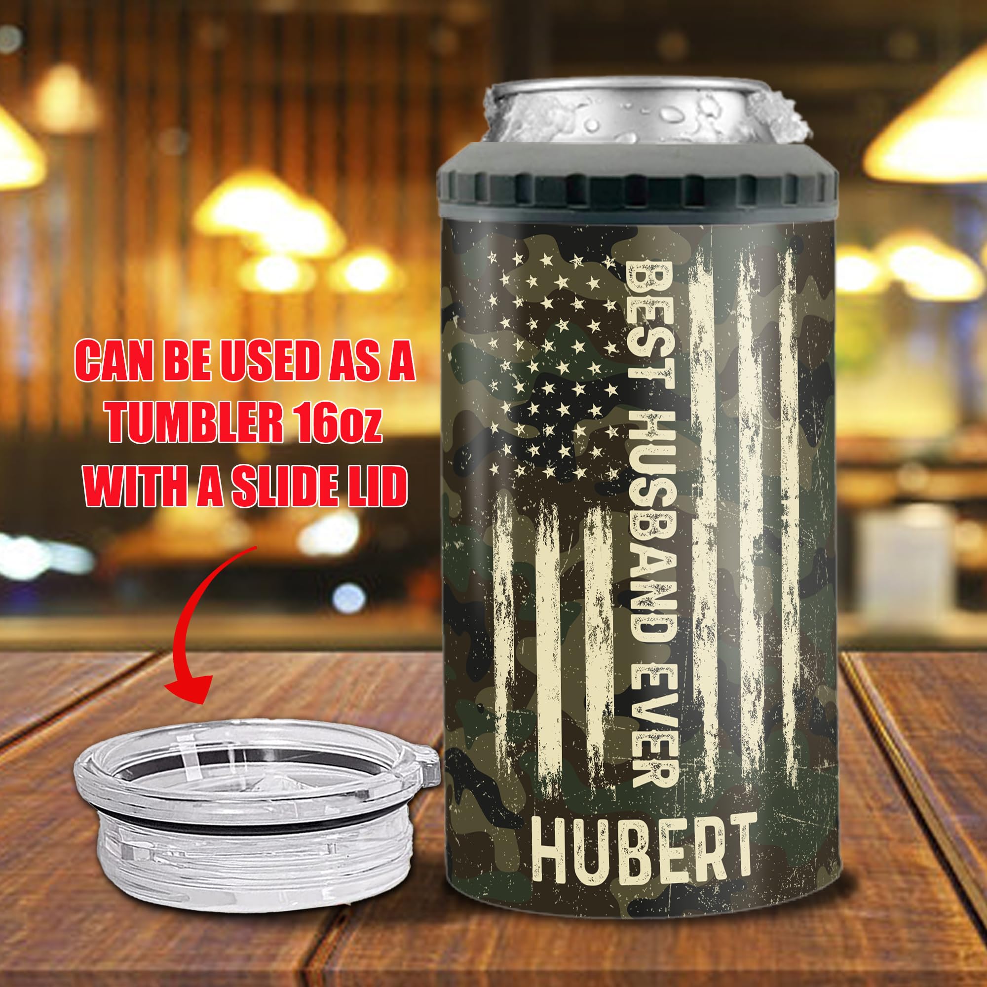 Personalized Husband Can Cooler 4 in 1 Holder Cup with Lids Customized Name 16oz Beer Drinking Gifts for Hubby from Wife Birthday Christmas Fathers Day Anniversary