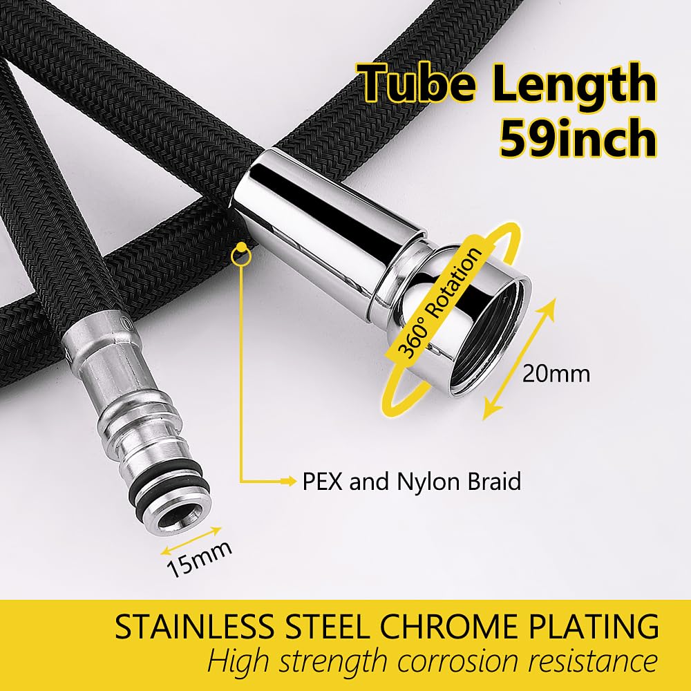 Kitchen Pull Down Faucet Hose Replacement Parts, M15*1mm X G1/2 X 150cm Black Pull Out Sink Spray Hose Anti Entanglement with 3/4” Connector