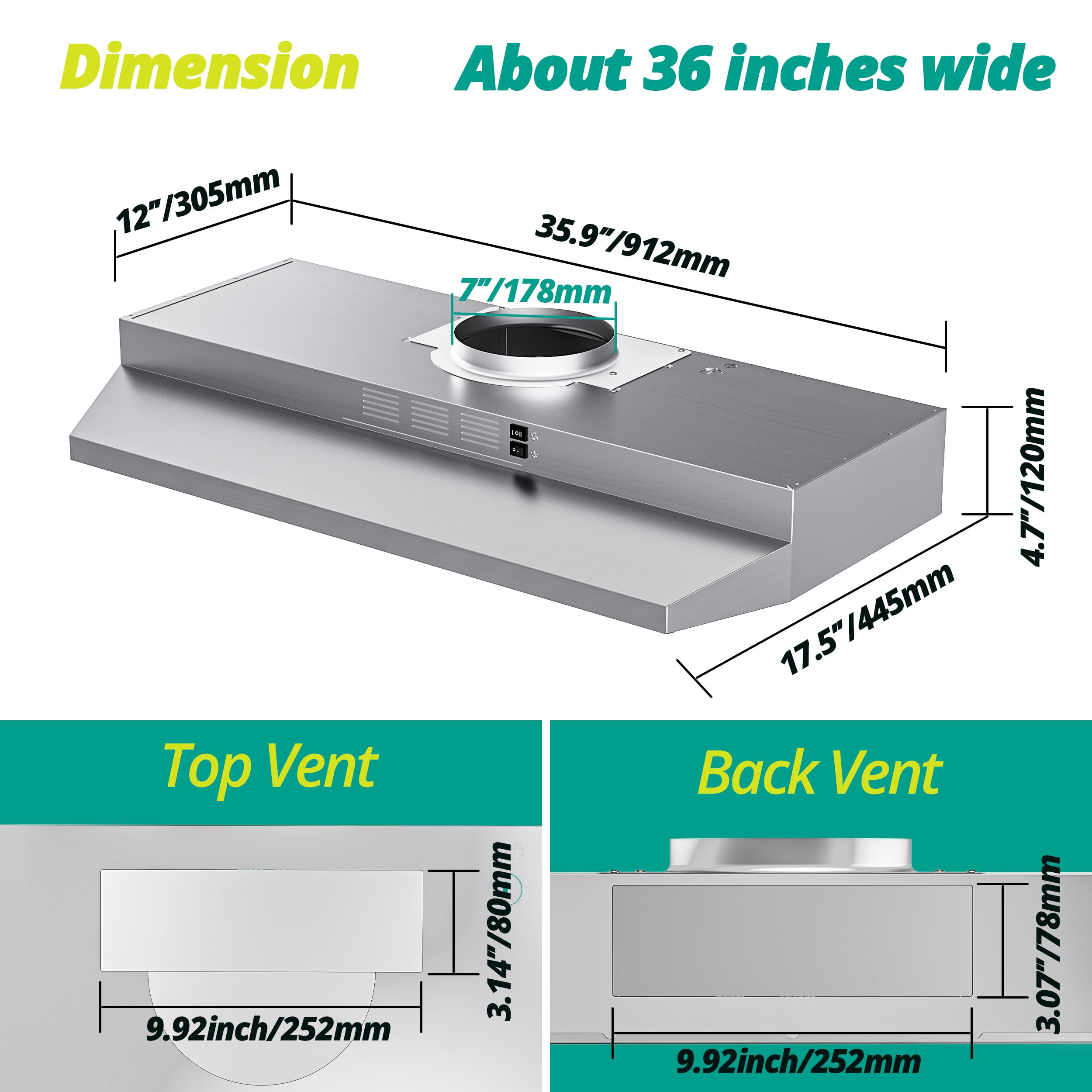 FIREGAS Range Hood 36 inch Under Cabinet, Ducted/Ductless Convertible Kitchen Hood, Stainless Steel Vent Hood with LED Light,2 Speed Exhaust Fan, Silver