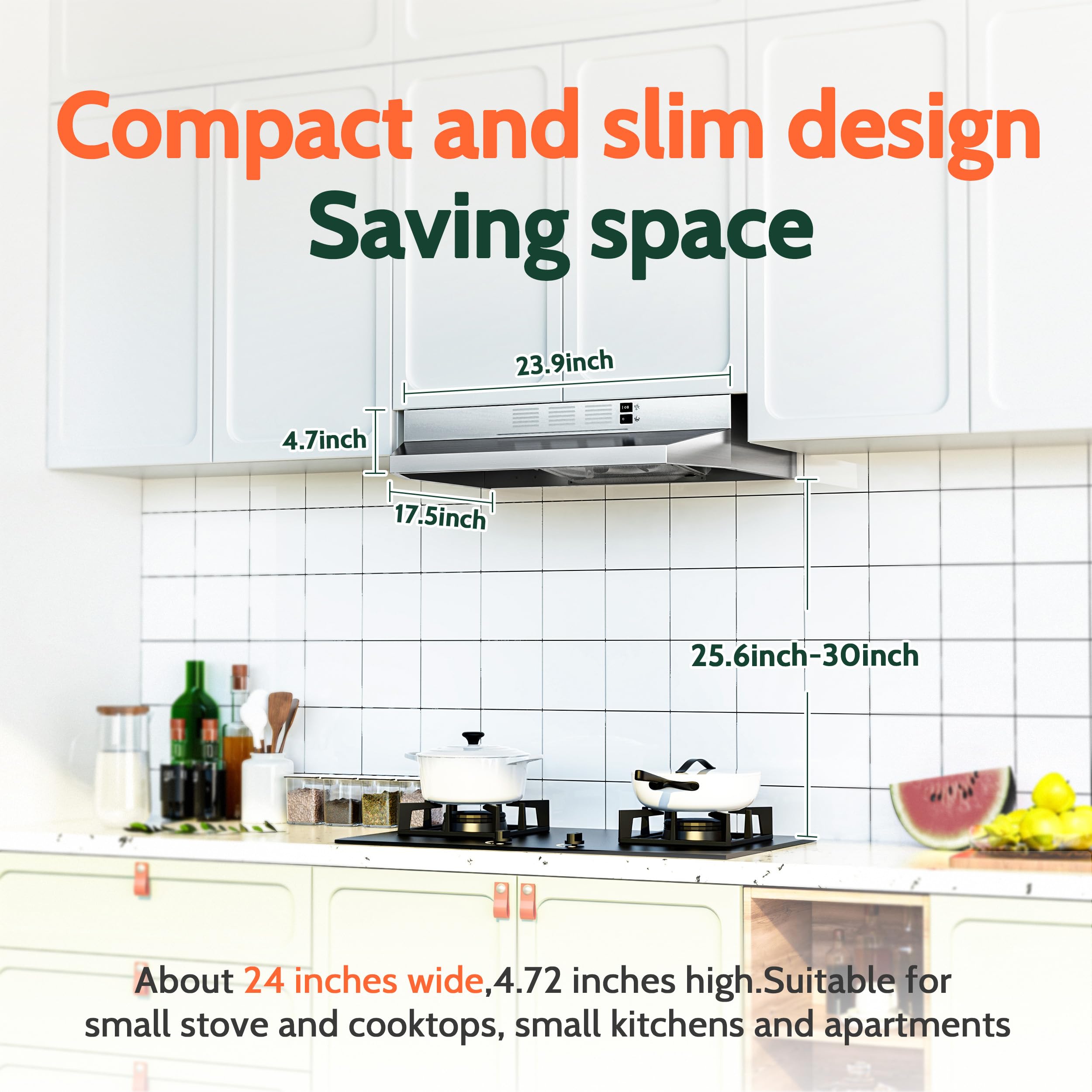 FIREGAS 24 inch Range Hood Under Cabinet, 300CFM Ducted/Ductless Convertible Kithen Hood in Stainless Steel with 2 watt LED Light and Filter, 2 fan speeds, hassle-free installation