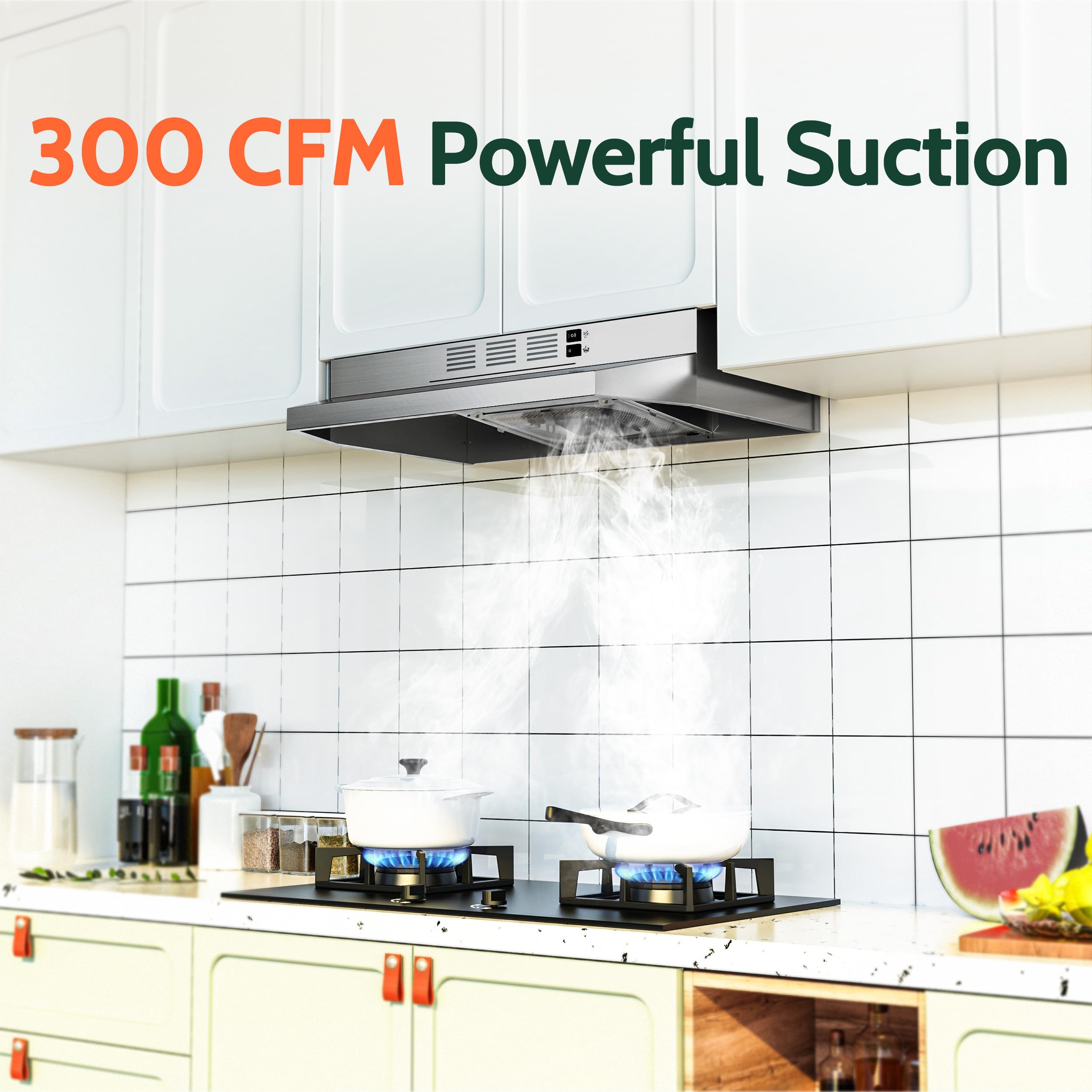 FIREGAS 24 inch Range Hood Under Cabinet, 300CFM Ducted/Ductless Convertible Kithen Hood in Stainless Steel with 2 watt LED Light and Filter, 2 fan speeds, hassle-free installation