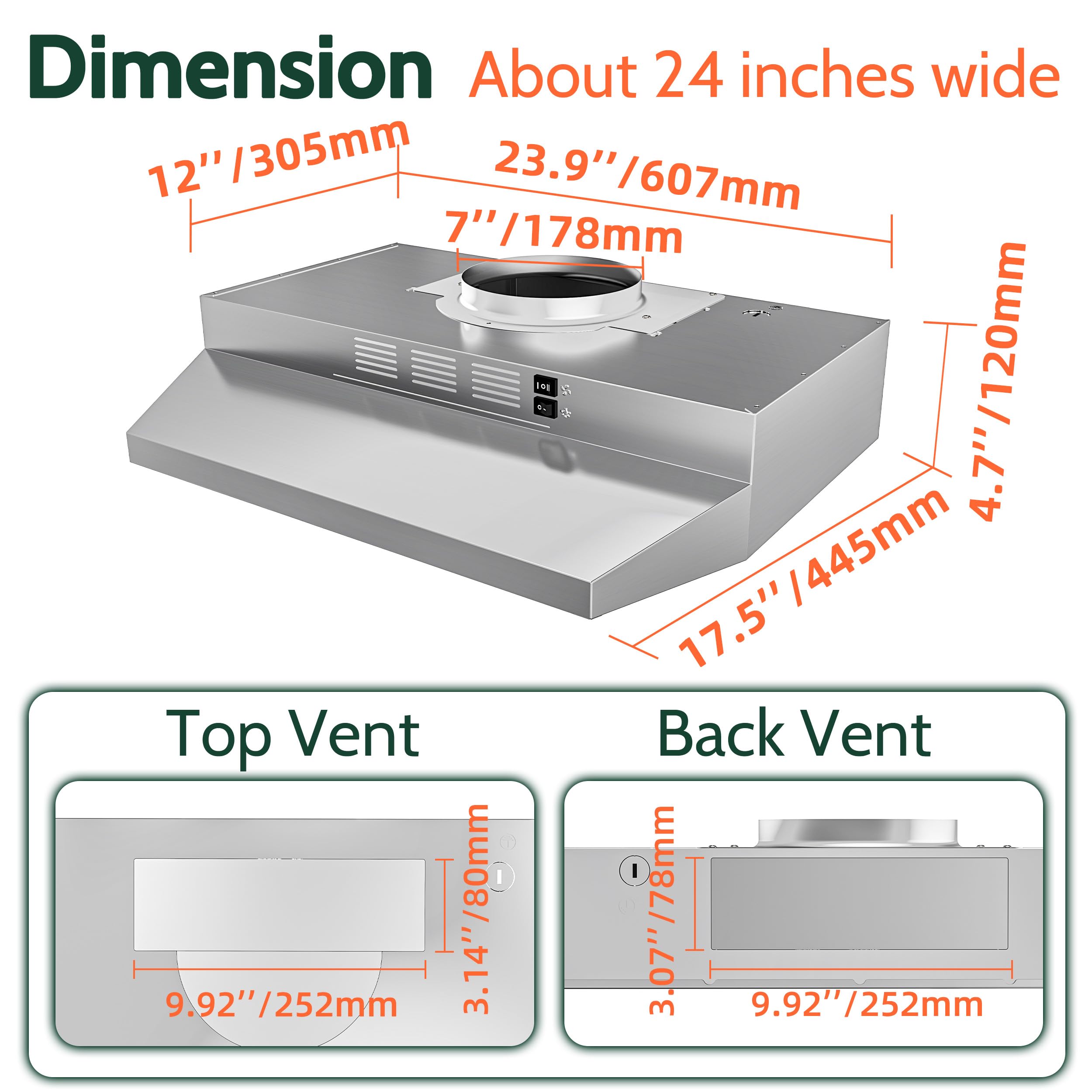 FIREGAS 24 inch Range Hood Under Cabinet, 300CFM Ducted/Ductless Convertible Kithen Hood in Stainless Steel with 2 watt LED Light and Filter, 2 fan speeds, hassle-free installation