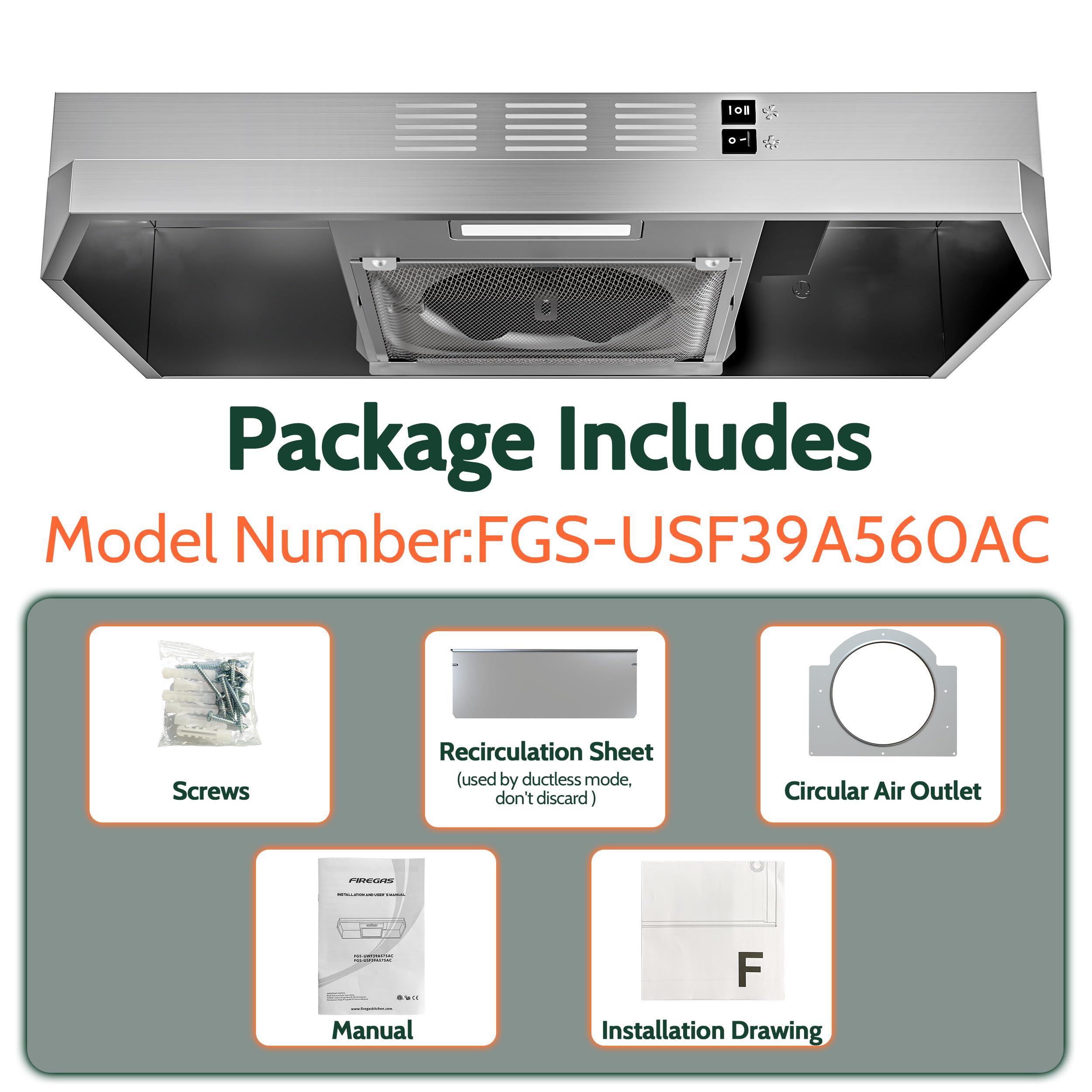 FIREGAS 24 inch Range Hood Under Cabinet, 300CFM Ducted/Ductless Convertible Kithen Hood in Stainless Steel with 2 watt LED Light and Filter, 2 fan speeds, hassle-free installation