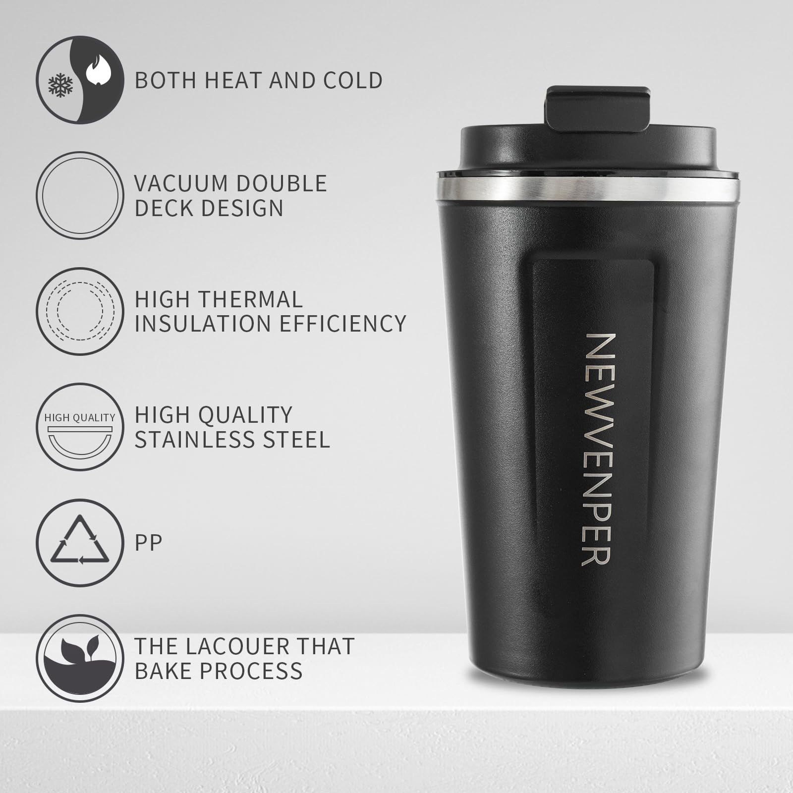 Newvenper Stainless Steel Vacuum Insulated Travel Coffee Mug, Led Temperature Display Insulated Tumbler, Leak Proof With Lid Keeps Cold And Warm, Suitable For Coffee, Tea And Beer (Black)