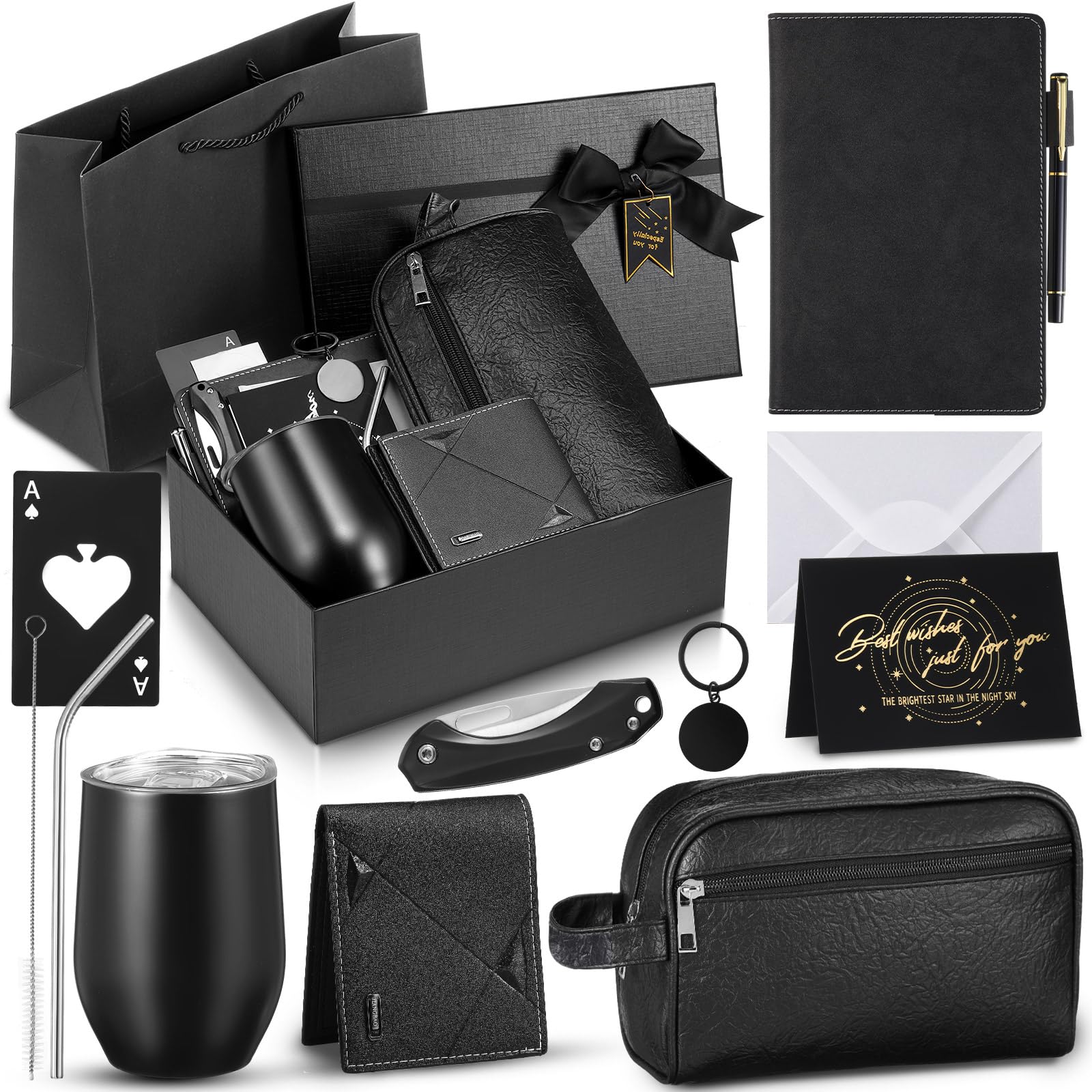 Mimorou 13 Pcs Birthday Gifts for Men Thank You Gift Baskets 12 oz Stainless Steel Tumbler Leather Toiletry Bag for Him Valentineās Day Christmas for Dad, Boyfriend, Husband, Brother