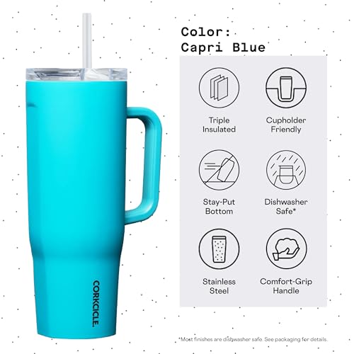 Corkcicle Cruiser Insulated Tumbler with Handle and Straw, Capri Blue, 40 oz – Reusable Water Bottle Keeps Beverages Cold for 20 Hours, Hot for 9 Hours – Cupholder Friendly, Spill Proof Tumbler
