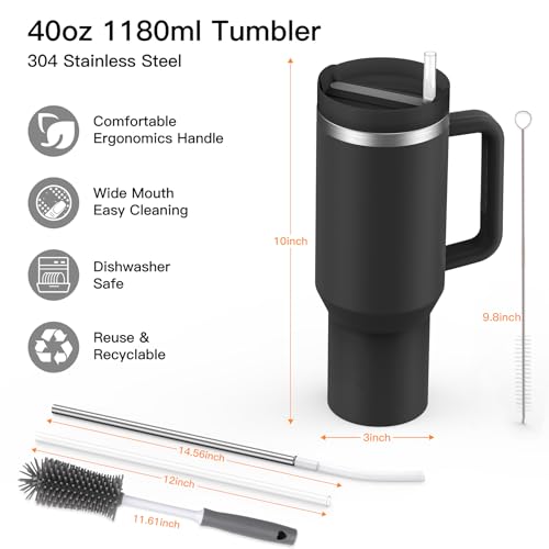 Bailkind 40oz 1180ml Tumbler With Straw and Lid X2, Spill-Proof Double Wall Stainless Steel Vacuum Insulated Cup Travel Flask Mug With Handle for Water, Iced/Hot Tea or Coffee