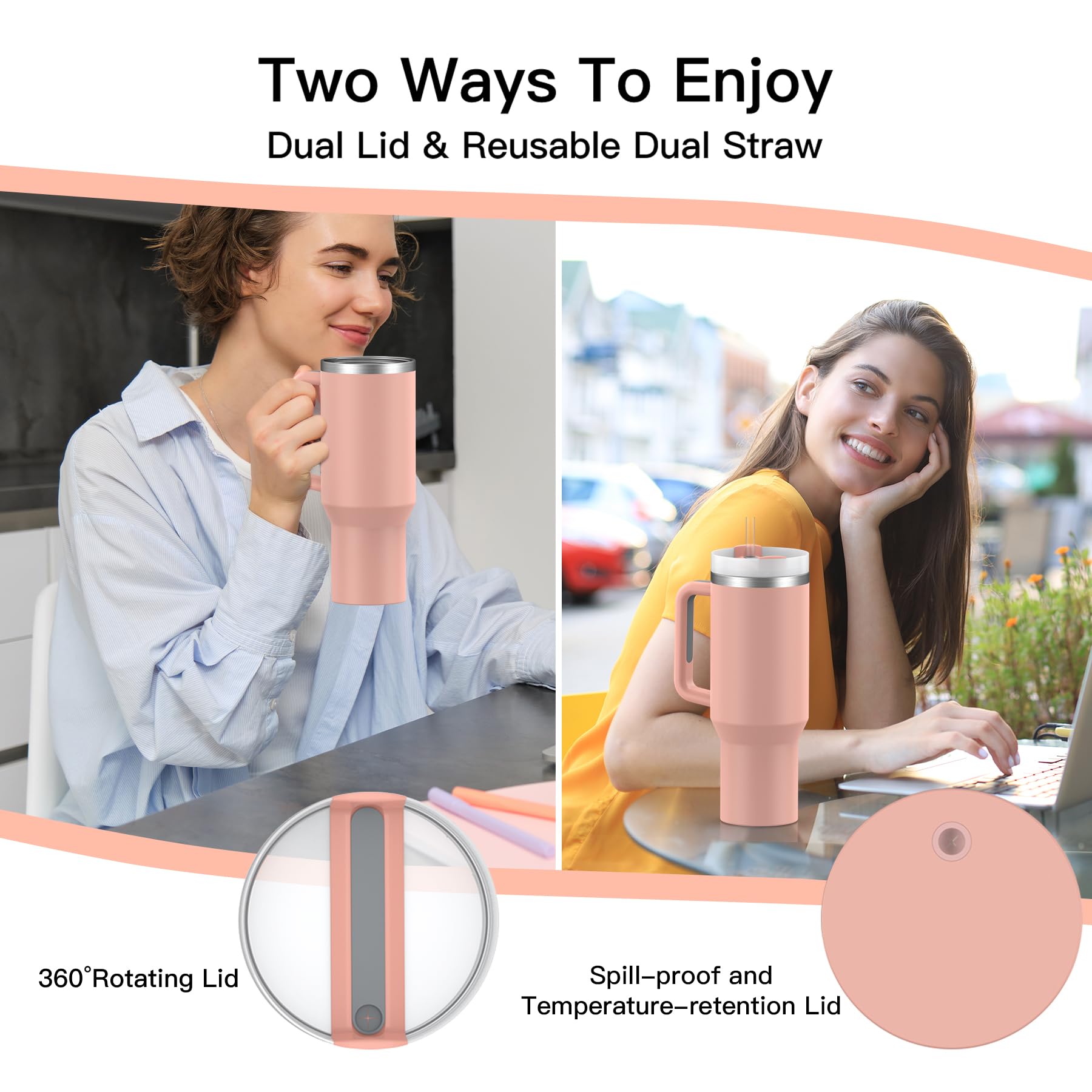 Bailkind 40oz 1180ml Tumbler With Straw and Lid X2, Spill-Proof Double Wall Stainless Steel Vacuum Insulated Cup Travel Flask Mug With Handle for Water, Iced/Hot Tea or Coffee