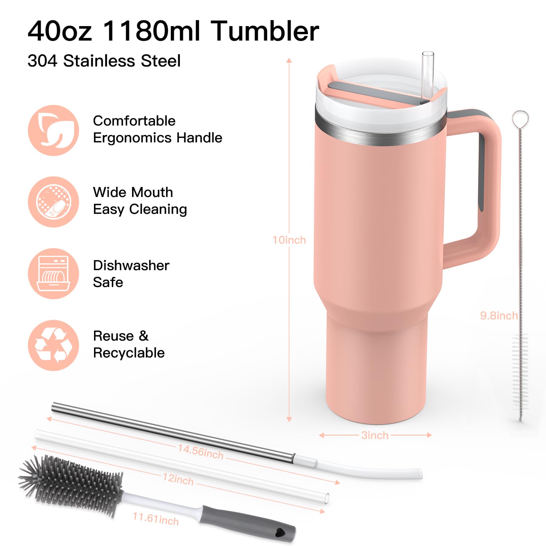 Bailkind 40oz 1180ml Tumbler With Straw and Lid X2, Spill-Proof Double Wall Stainless Steel Vacuum Insulated Cup Travel Flask Mug With Handle for Water, Iced/Hot Tea or Coffee
