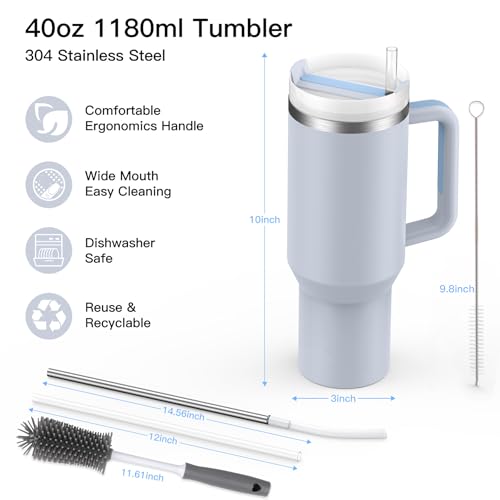 Bailkind 40oz 1180ml Tumbler With Straw and Lid X2, Spill-Proof Double Wall Stainless Steel Vacuum Insulated Cup Travel Flask Mug With Handle for Water, Iced/Hot Tea or Coffee