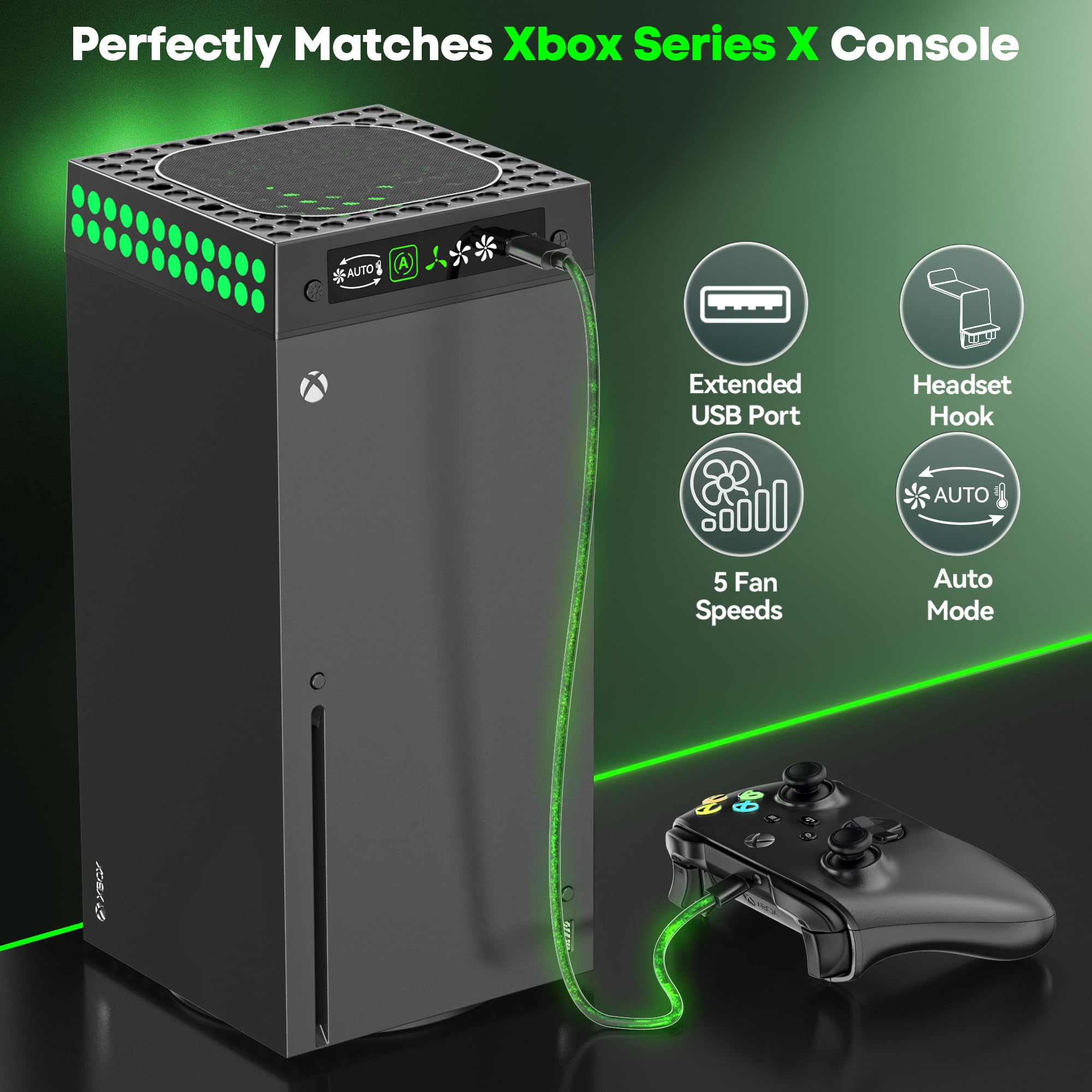 XBX Series X Cooling Fan Dust Proof with Auto Mode, for Xbox Series X Console with LED Lights, Built-in AUTO Adjustable Fan Cooling System, Xbox Series X Top Cooler, Game Accessory with Headset Holder