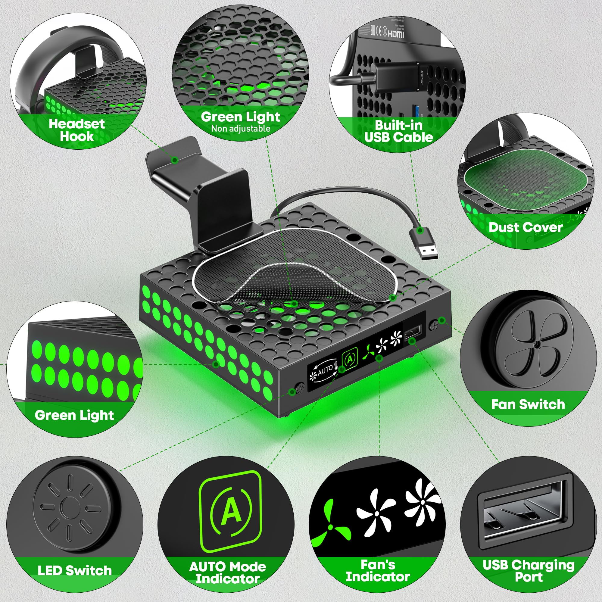 XBX Series X Cooling Fan Dust Proof with Auto Mode, for Xbox Series X Console with LED Lights, Built-in AUTO Adjustable Fan Cooling System, Xbox Series X Top Cooler, Game Accessory with Headset Holder