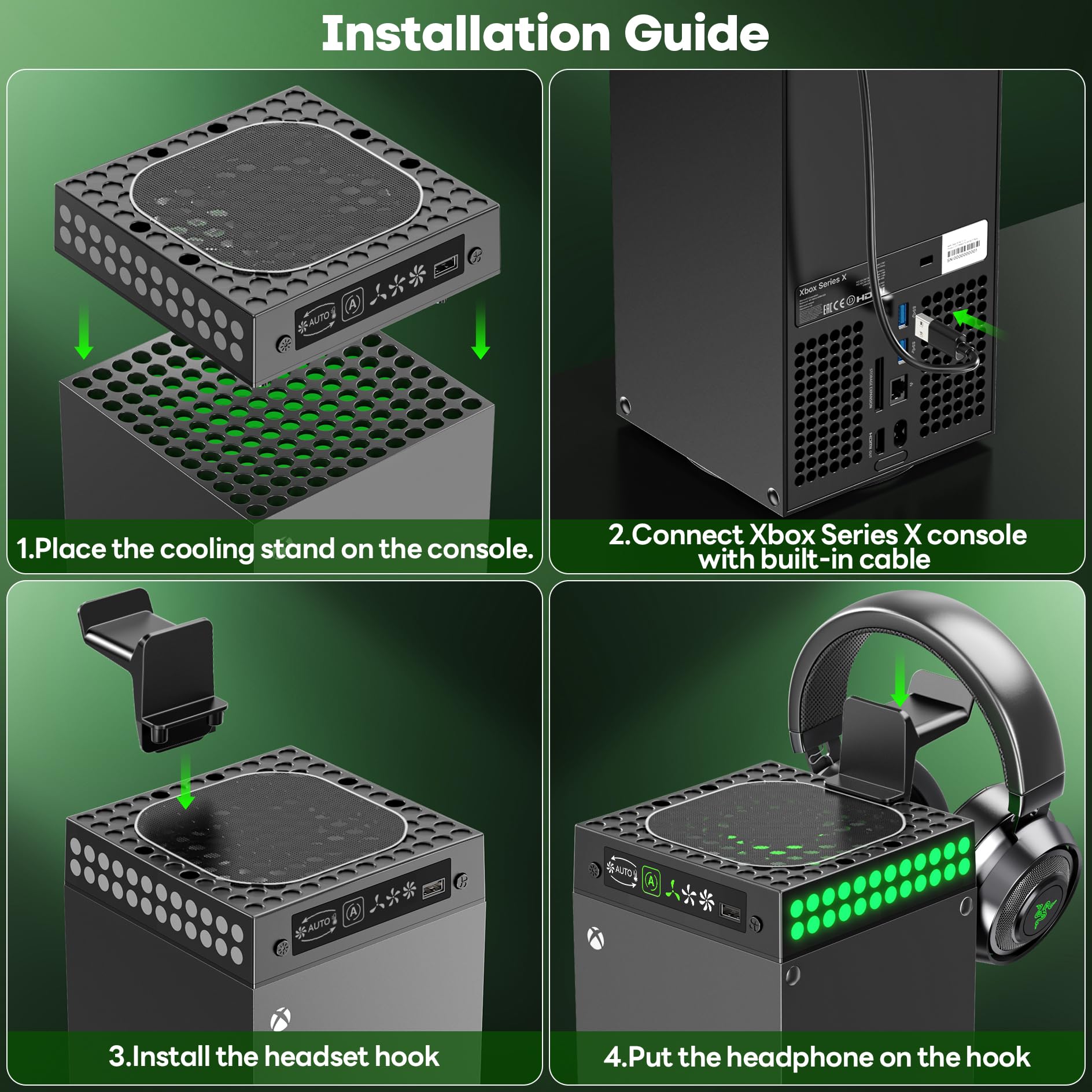 XBX Series X Cooling Fan Dust Proof with Auto Mode, for Xbox Series X Console with LED Lights, Built-in AUTO Adjustable Fan Cooling System, Xbox Series X Top Cooler, Game Accessory with Headset Holder