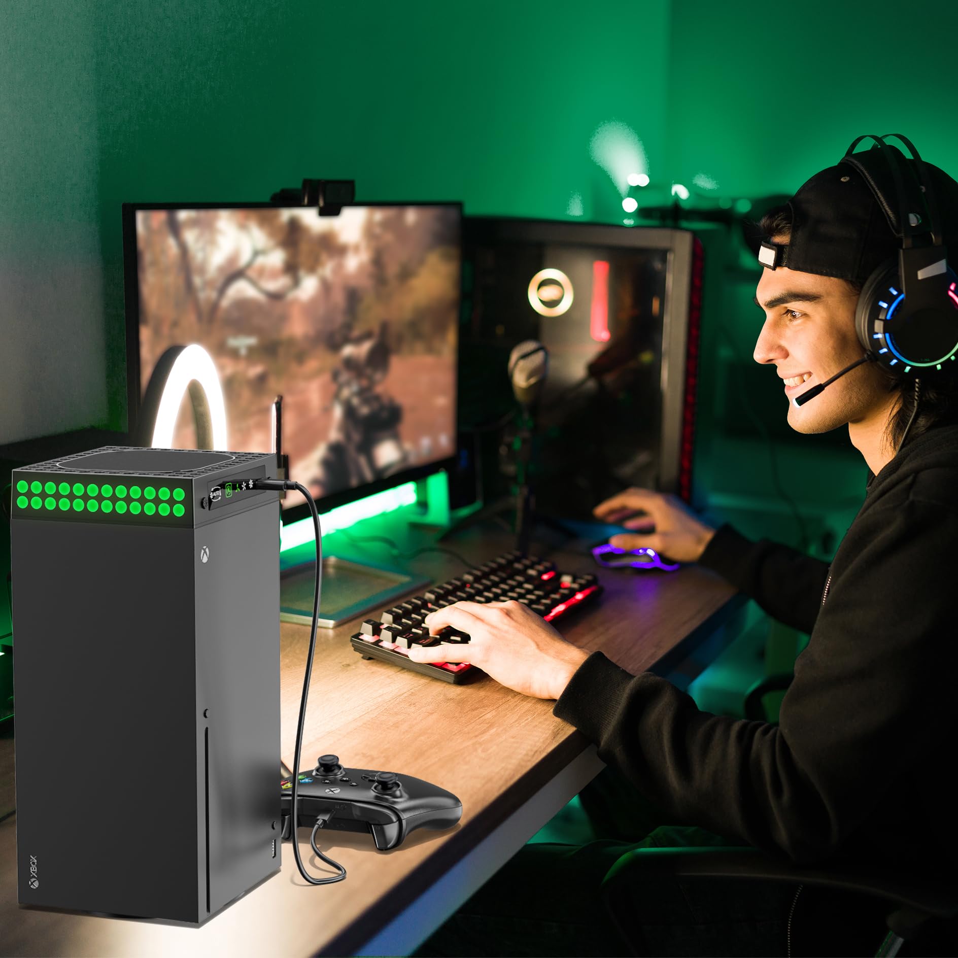 XBX Series X Cooling Fan Dust Proof with Auto Mode, for Xbox Series X Console with LED Lights, Built-in AUTO Adjustable Fan Cooling System, Xbox Series X Top Cooler, Game Accessory with Headset Holder