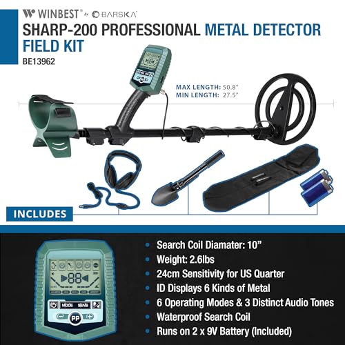 Barska Winbest Sharp-200 Professional Metal Detector Field Kit with Submergible Search Coil, Heanphone, Folding Shovel with Compass, Carrying Case