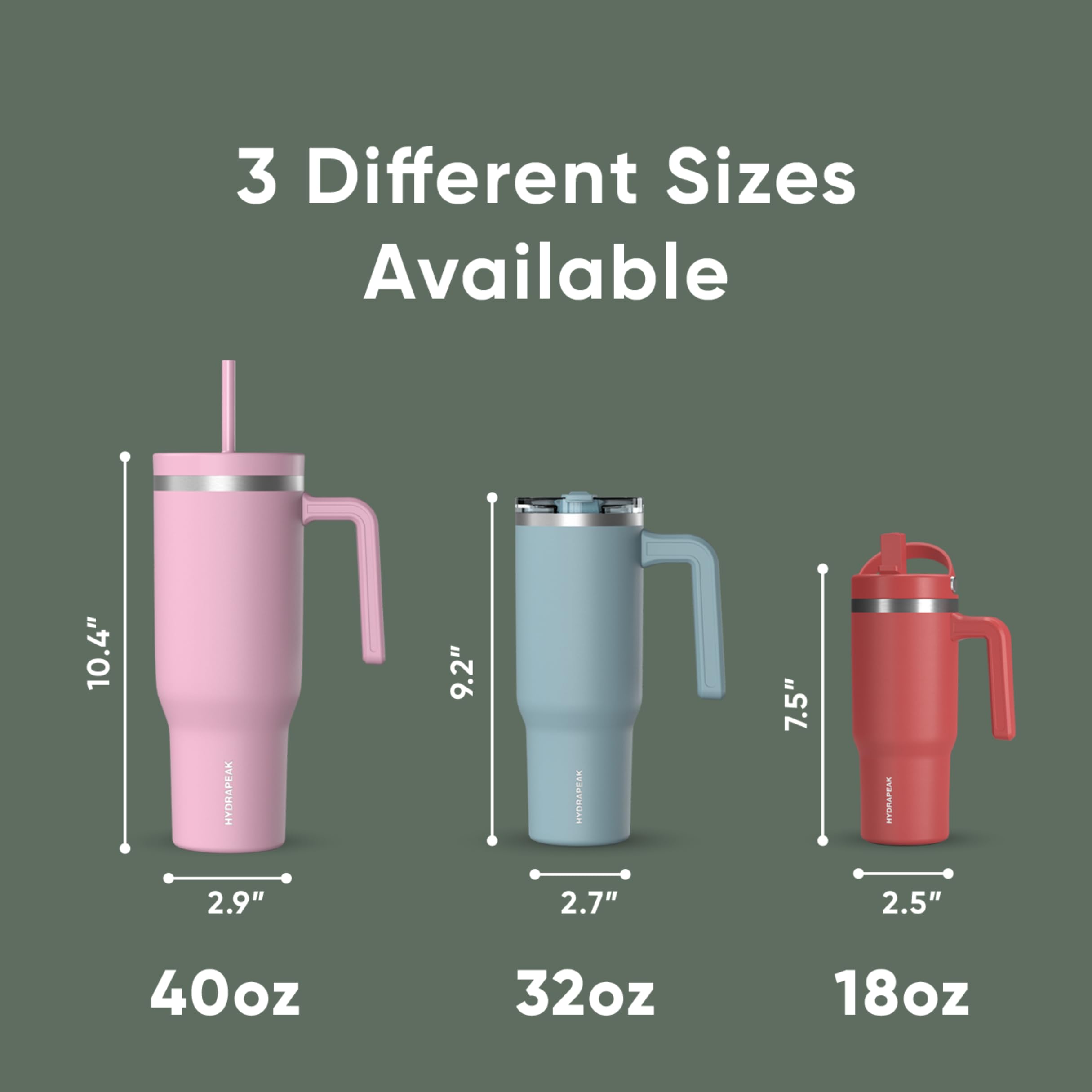 Hydrapeak Voyager 40 Oz Stainless Steel Tumbler with Handle, Insulated Water Bottle With Straw & Lid, Cupholder Friendly Reusable Travel Mug (Sage Leaf)