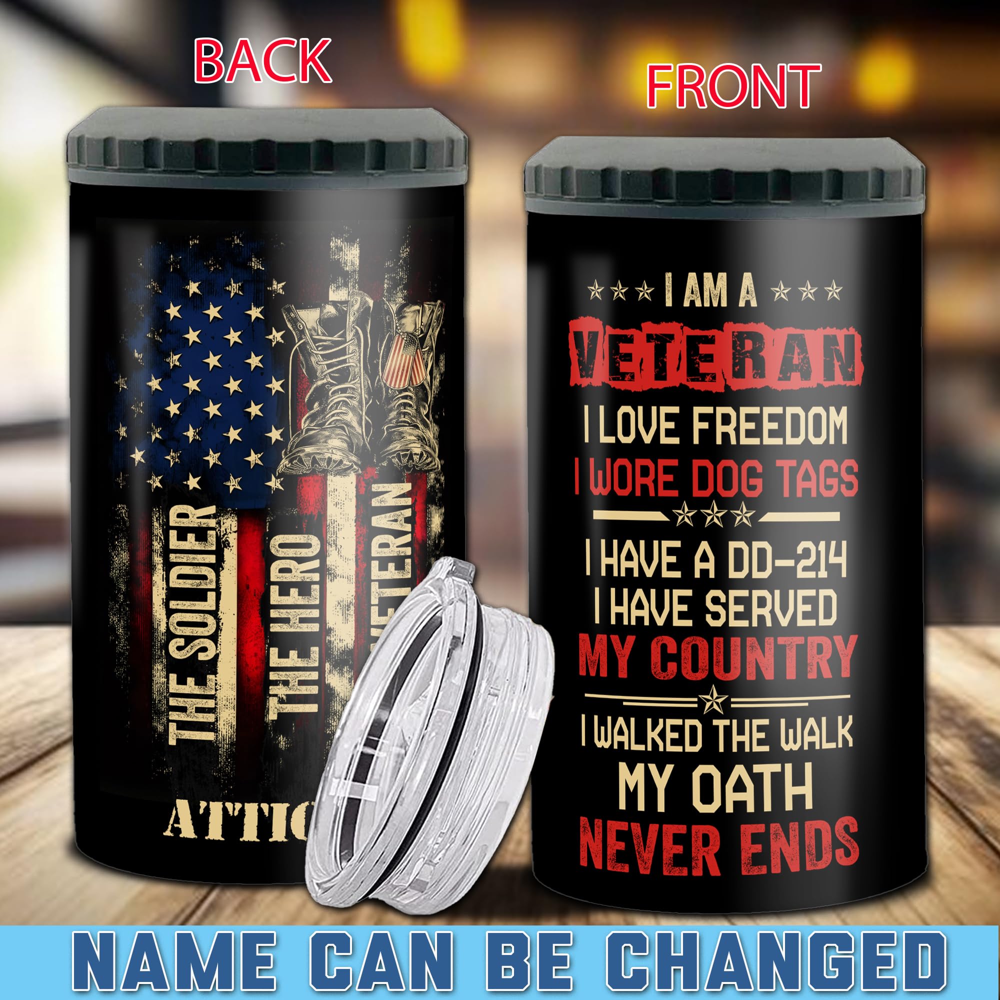 Personalized Veteran Can Cooler 4 in 1 Holder Cup with Lids Customized Name 16oz Beer Drinking Gifts for Men Navy Army Air Force Marine Corps Military Retirement Veterans Day