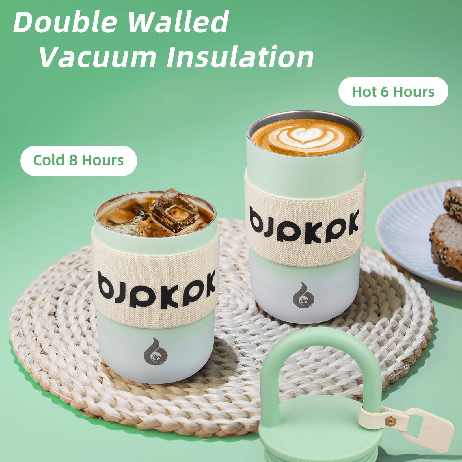 BJPKPK 13oz Insulated Stainless Steel Loop Tumbler With Lid And Handle Travel Coffee Mug Thermal Cup,Green Fog