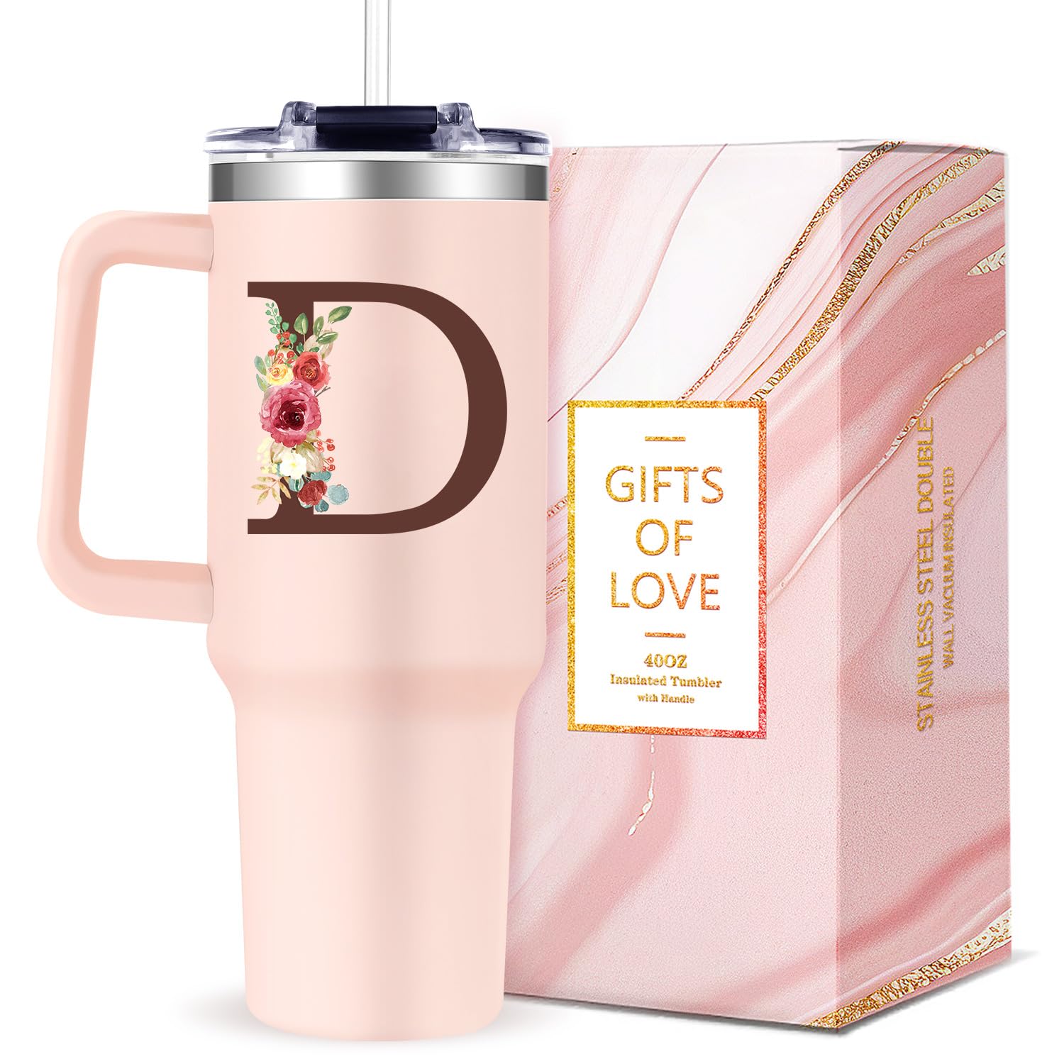 Monogrammed 40oz Tumbler with Handle for Women, Personalized Birthday Gifts for Women,Initial Cups for Woman Floral Letter D,Customized Gifts for Female Lady Gift for Mothers Day Christmas