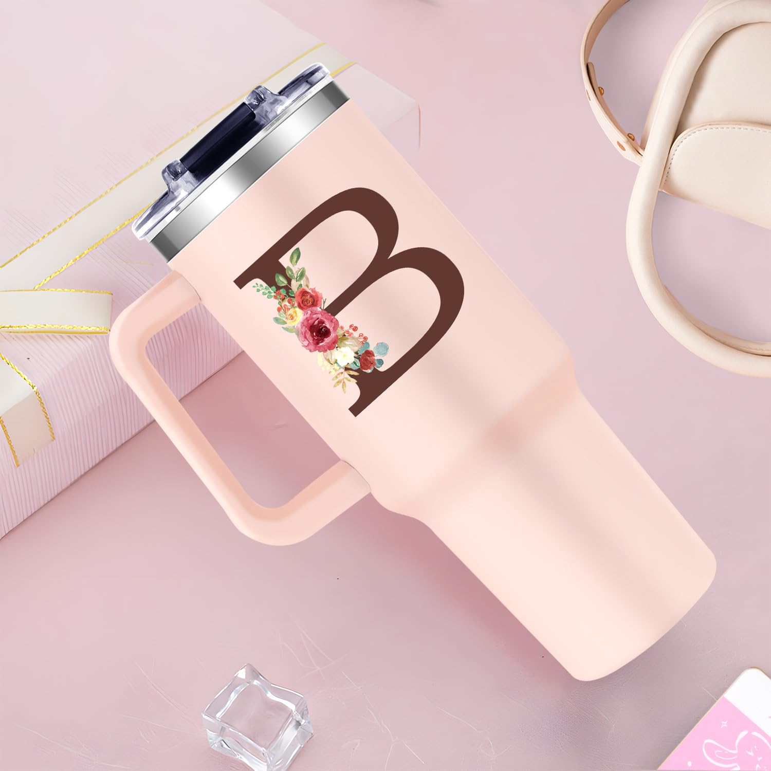 Monogrammed 40oz Tumbler with Handle for Women, Personalized Birthday Gifts for Women,Initial Cups for Girl Floral Letter B,Customized Gifts for Woman Lady Gift for Mothers Day Christmas