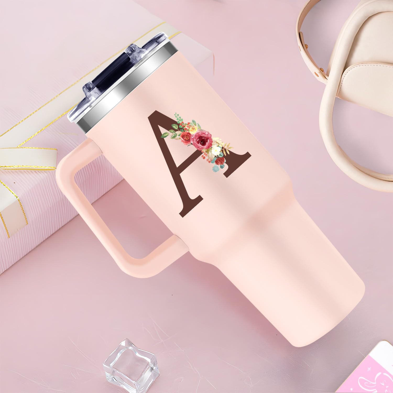 Gooddooes Monogrammed 40oz Tumbler With Handle for Women, Personalized Birthday Gift, Initial Cups Floral Letter A, Customized Lady Gift for Mother's Day Christmas