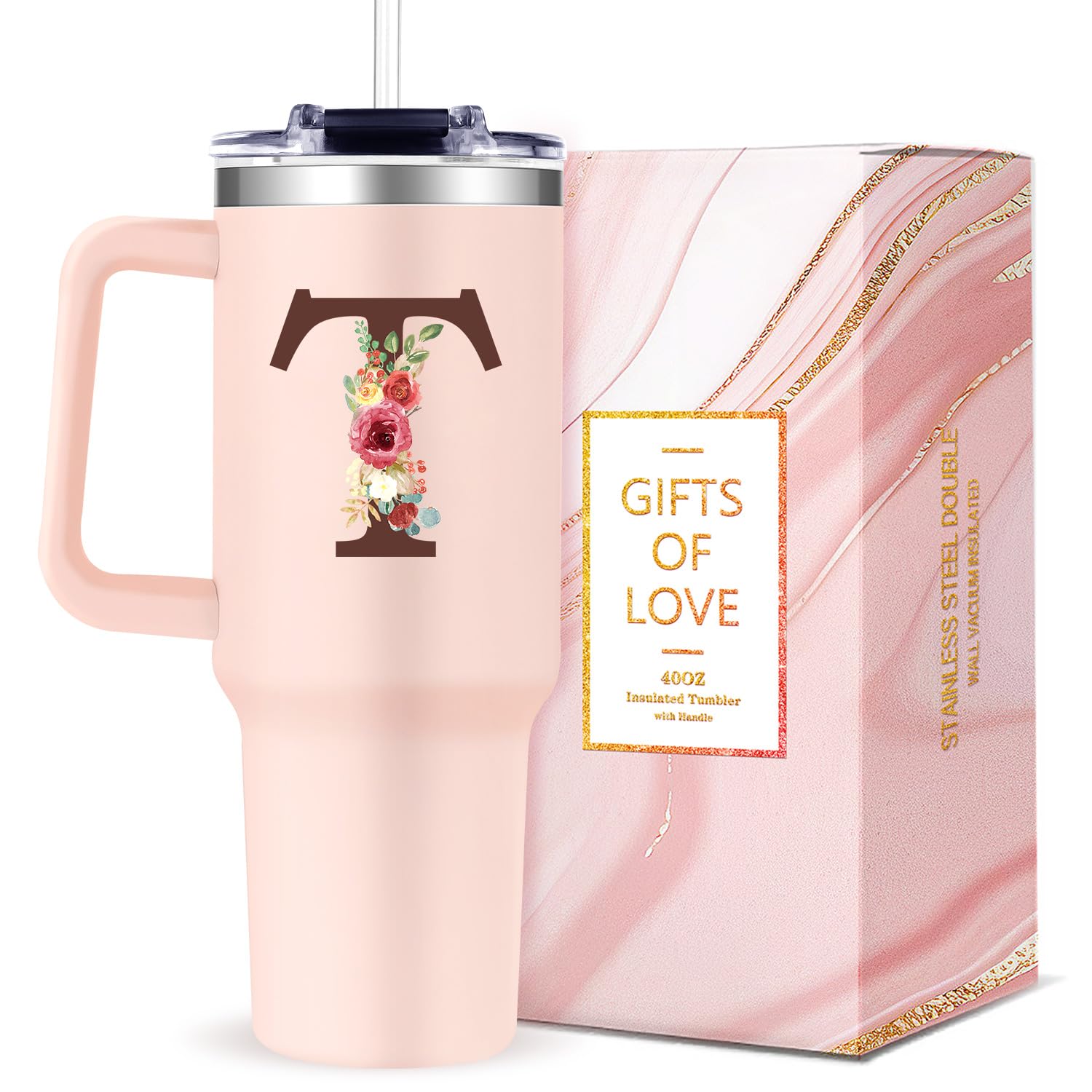 Gooddooes Monogrammed 40oz Tumbler with Handle for Women, Personalized Birthday Gifts for Women,Initial Cups for Women Floral Letter T,Customized Gifts for Women Lady Gift for Mothers Day Christmas