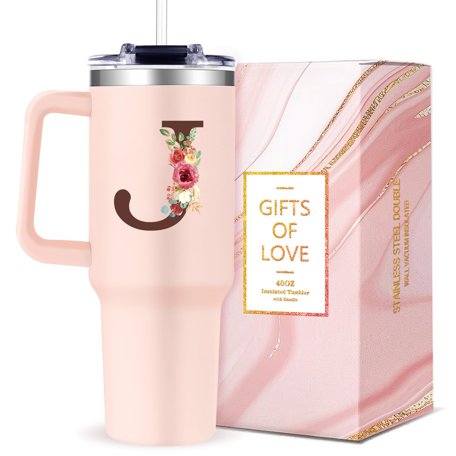 Monogrammed 40oz Tumbler with Handle for Women, Personalized Birthday Gifts for Women,Initial Cups for Girl Floral Letter J,Customized Gifts for Woman Lady Gift for Mothers Day Christmas