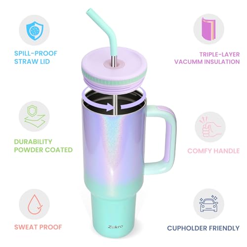 Zukro 40 oz Tumbler with Handle and Straw, Insulated Double-wall Stainless Steel Cup with Straw Lid, Large No Sweat Travel Mug Fits in Cup Holder, Keeps Cold 34 Hours, Flower