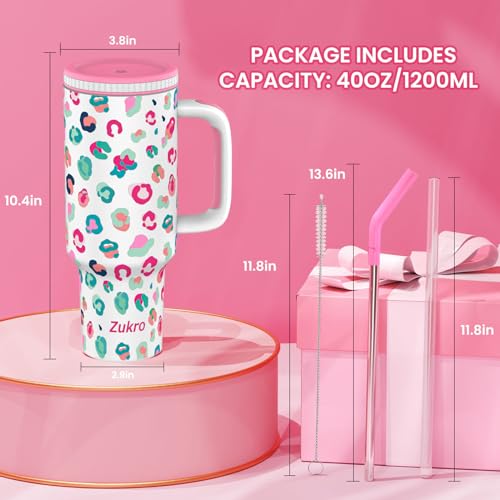 Zukro 40 oz Tumbler with Handle and Straw, Insulated Double-wall Stainless Steel Cup with Straw Lid, Large No Sweat Travel Mug Fits in Cup Holder, Keeps Cold 34 Hours, Flower