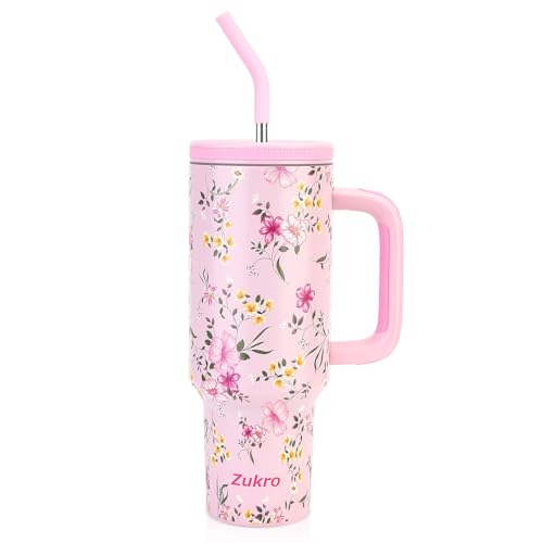 Zukro 40 oz Tumbler with Handle and Straw, Insulated Double-wall Stainless Steel Cup with Straw Lid, Large No Sweat Travel Mug Fits in Cup Holder, Keeps Cold 34 Hours, Flower