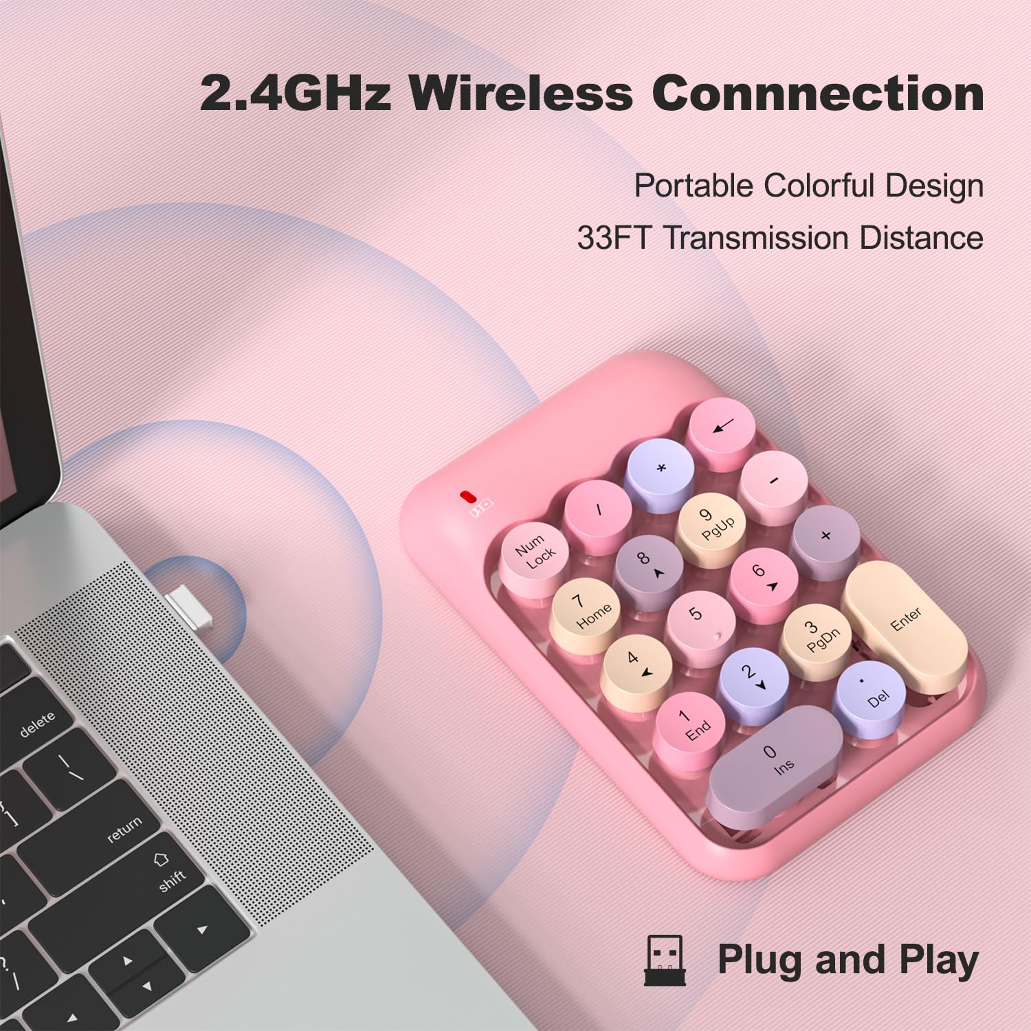 MOWUX Wireless Number Pads, Cute Colorful Numeric Keypad Numpad Portable 2.4 GHz Financial Accounting Number Keyboard Extensions, 18 Key Number Numpad for Laptop Desktop, PC (Pink)