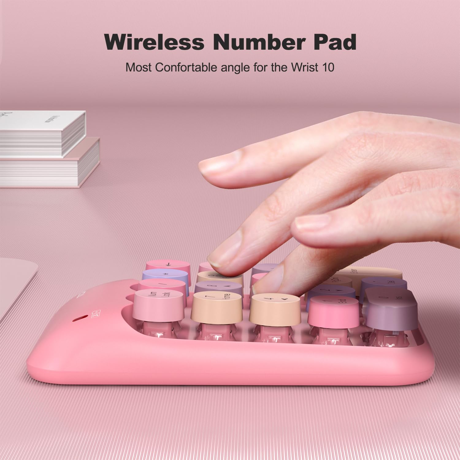 MOWUX Wireless Number Pads, Cute Colorful Numeric Keypad Numpad Portable 2.4 GHz Financial Accounting Number Keyboard Extensions, 18 Key Number Numpad for Laptop Desktop, PC (Pink)