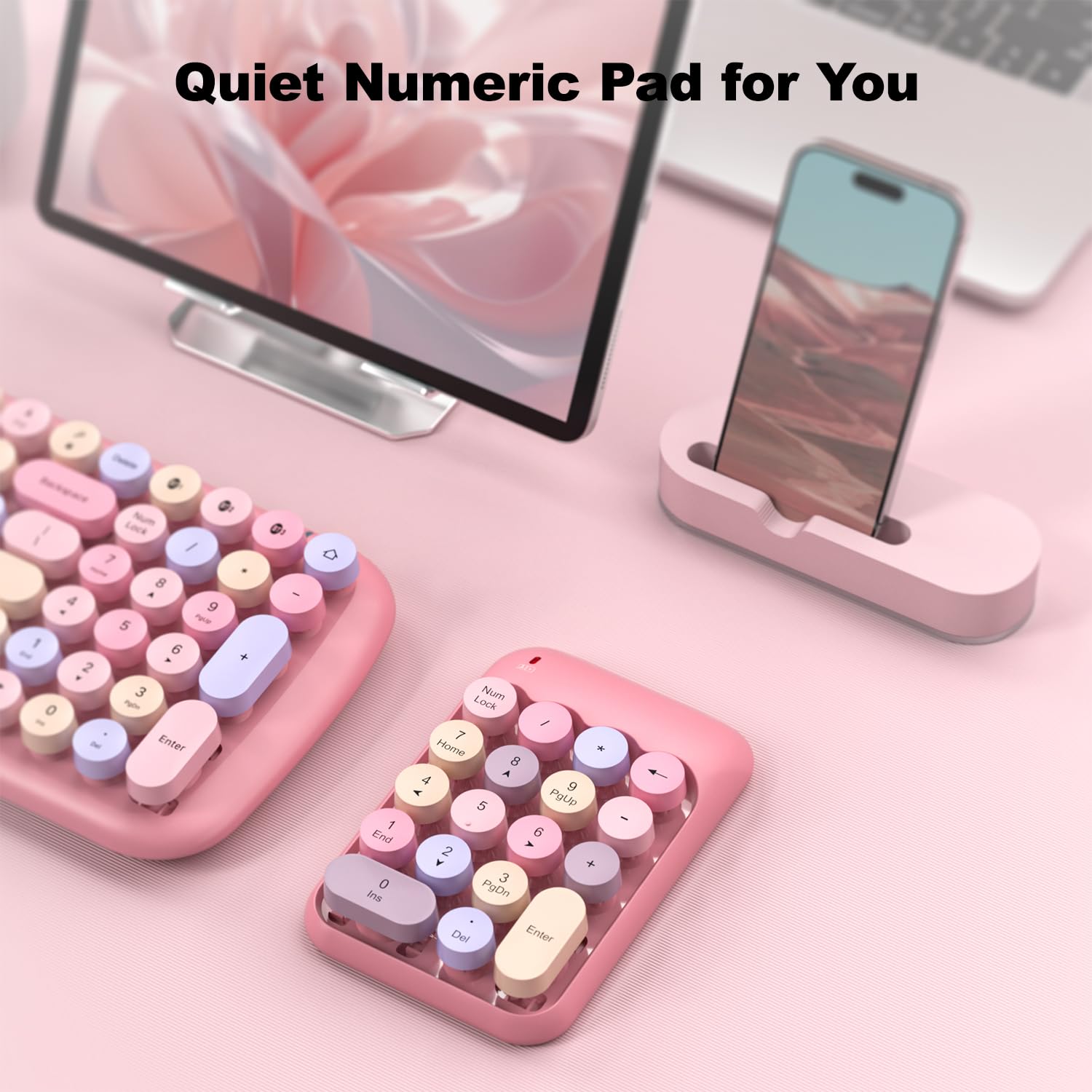 MOWUX Wireless Number Pads, Cute Colorful Numeric Keypad Numpad Portable 2.4 GHz Financial Accounting Number Keyboard Extensions, 18 Key Number Numpad for Laptop Desktop, PC (Pink)