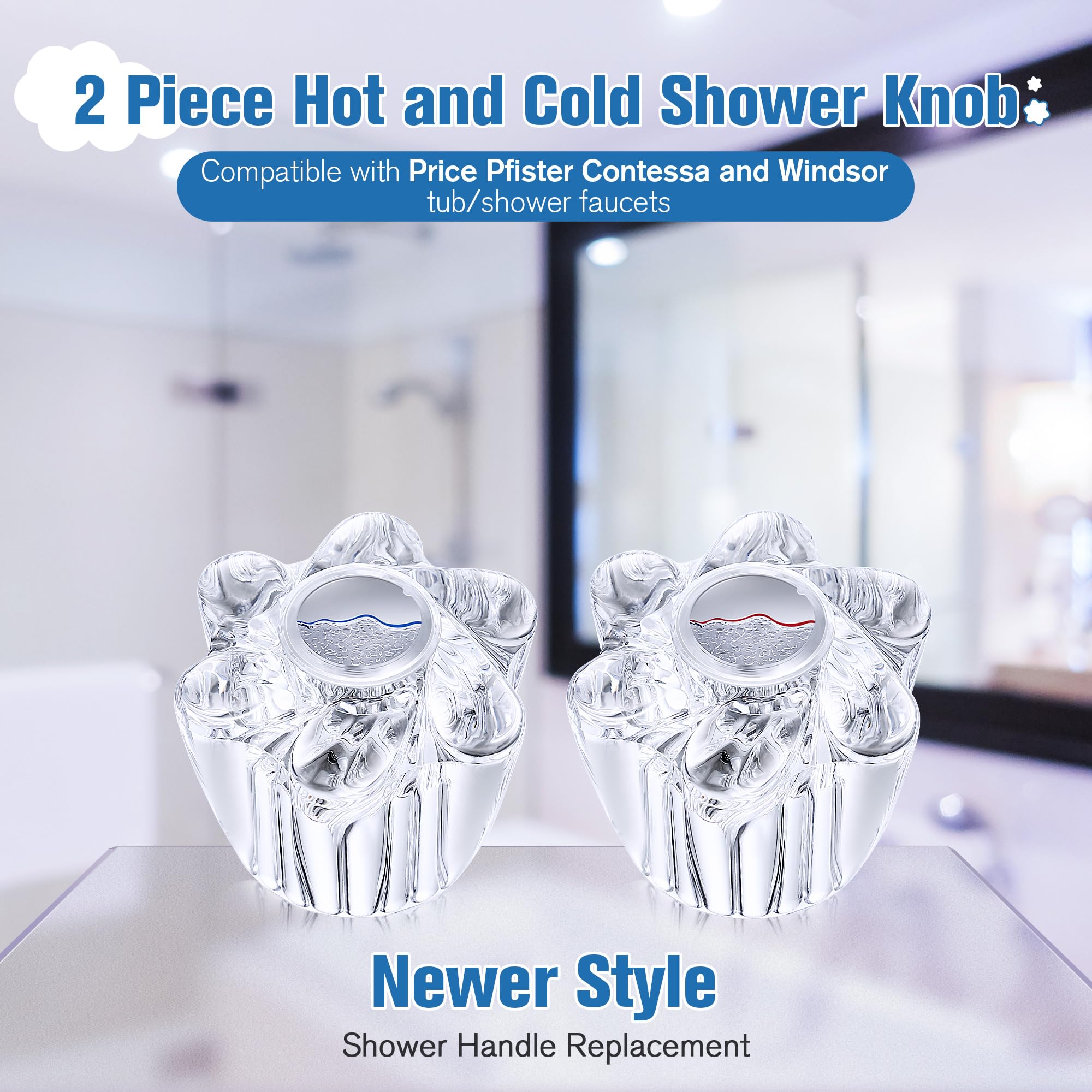 Enhon Shower Knob Replacement, Compatible with Pfister Contessa and Windsor Tub and Shower Faucets, 2 Piece Hot and Cold Faucet Handle Replacement, Newer Style, Clear Acrylic