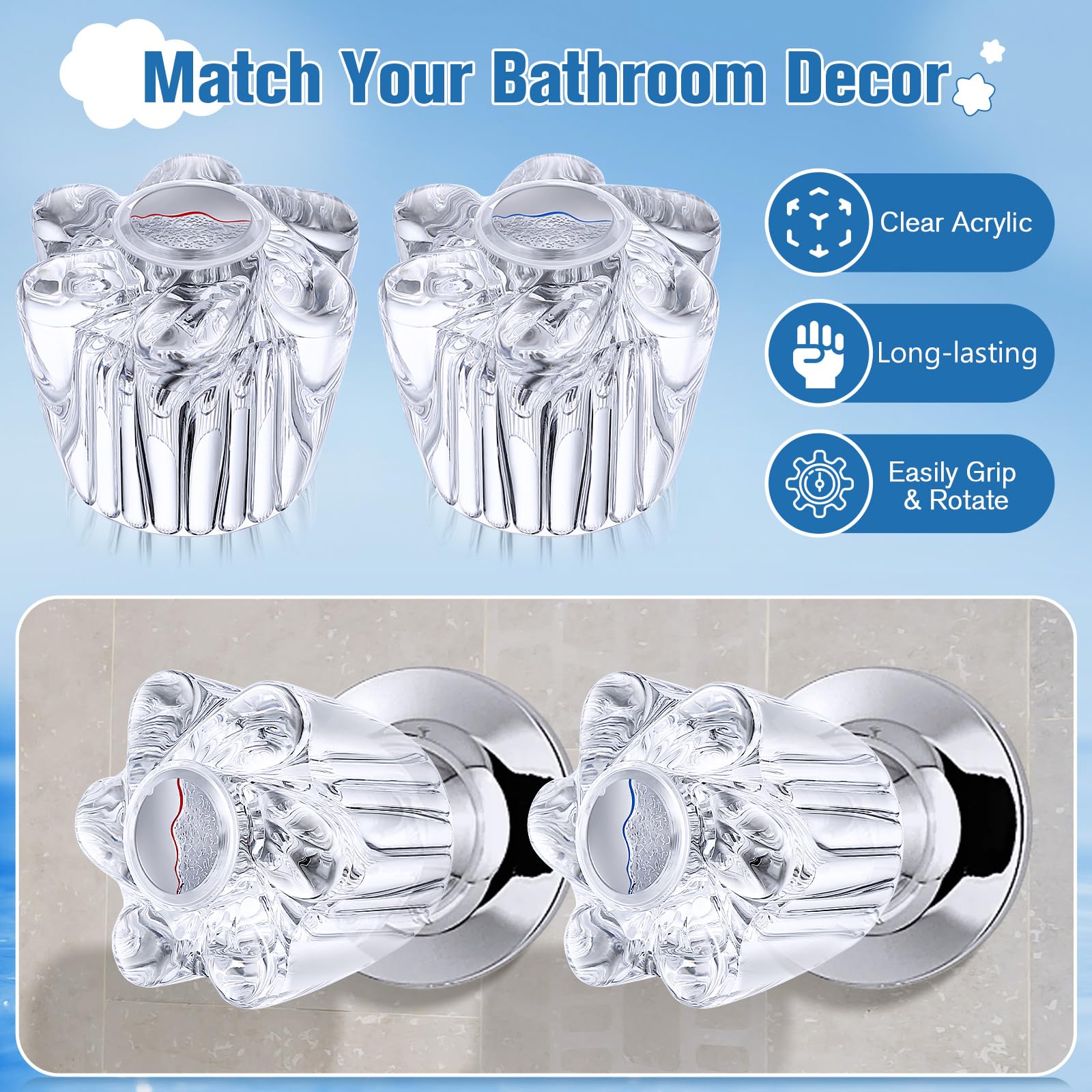 Enhon Shower Knob Replacement, Compatible with Pfister Contessa and Windsor Tub and Shower Faucets, 2 Piece Hot and Cold Faucet Handle Replacement, Newer Style, Clear Acrylic