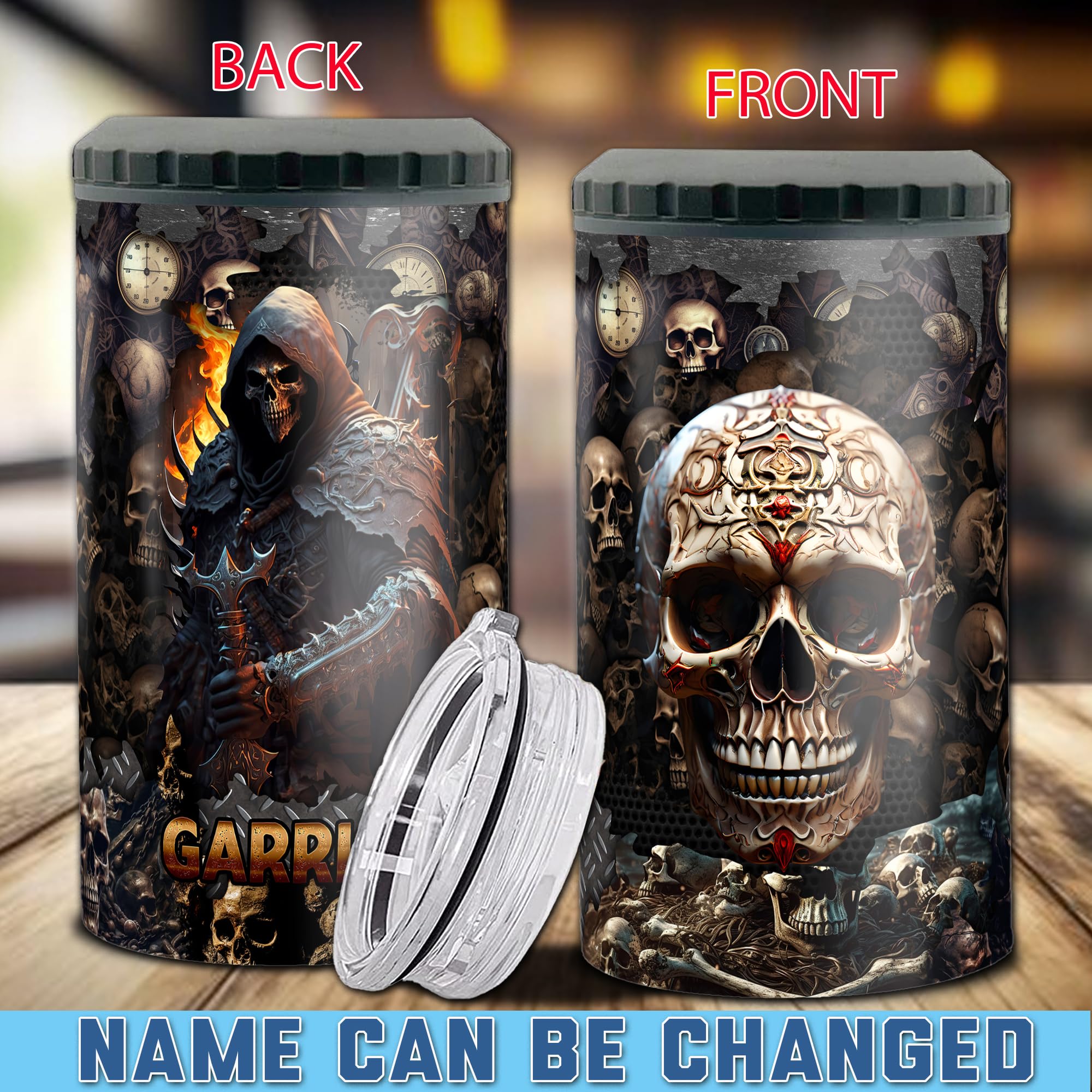 Personalized Skull Can Cooler 4 in 1 Holder Cup with Lid Customized Name Who Love Skulls 16oz Beer Drinking Gifts for Men Birthday Fathers Day