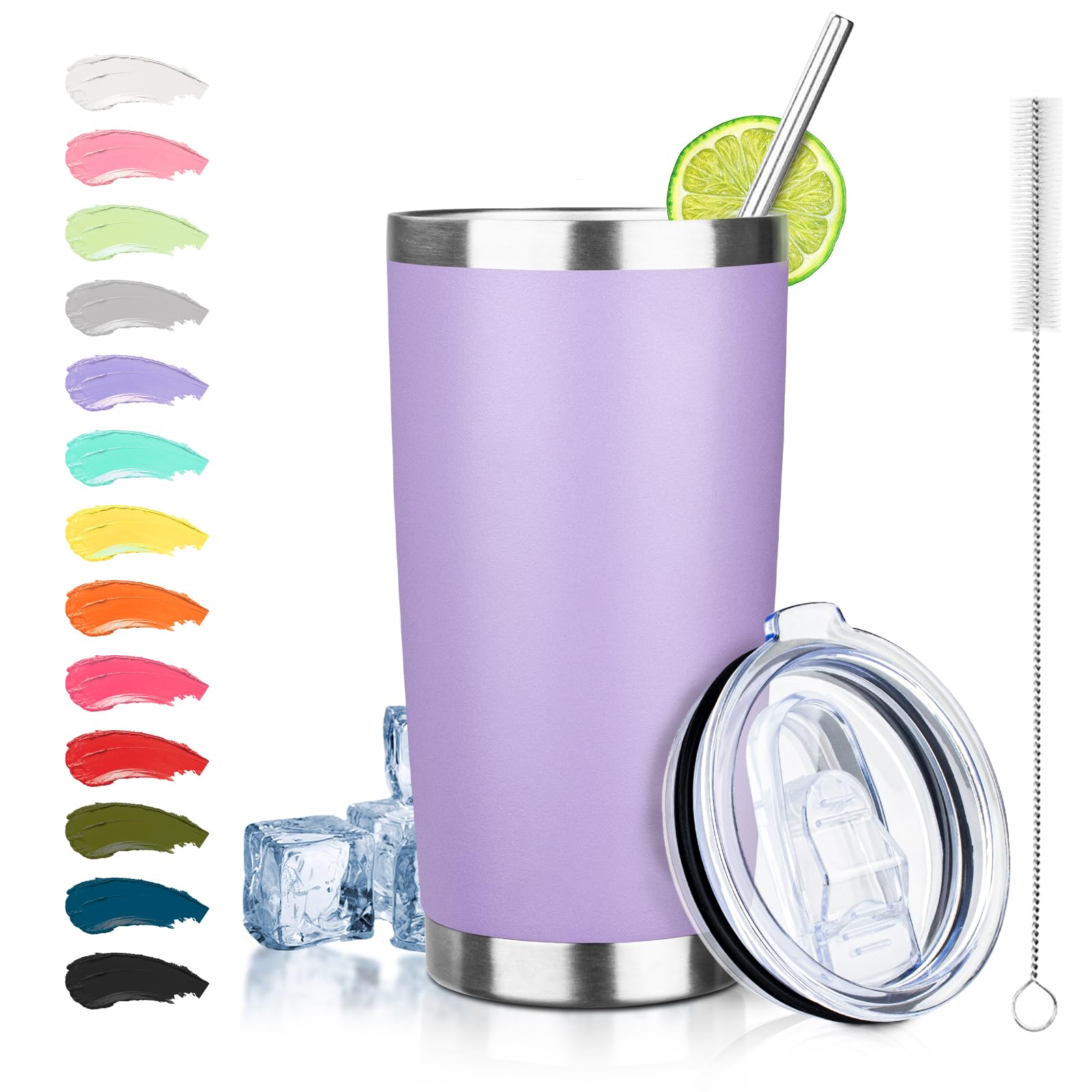 ATIKZHE 20oz Tumbler with Straw and Brush, Stainless Steel Vacuum Insulated tumbler, Double Wall Insulated Coffee Tumbler for Outdoor, Home, Travel,Office (lilac,1pcs)
