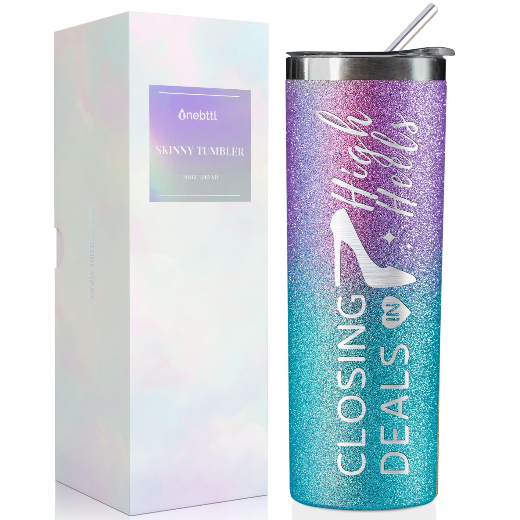 Onebttl Realtor Gifts for Women, Clossing Deals In High Heels, Funny Gifts for Real Estate Agent, Salesman, Boss, Coworkers, Employees, 20 Oz Stainless Steel Tumbler, Glitter Purple