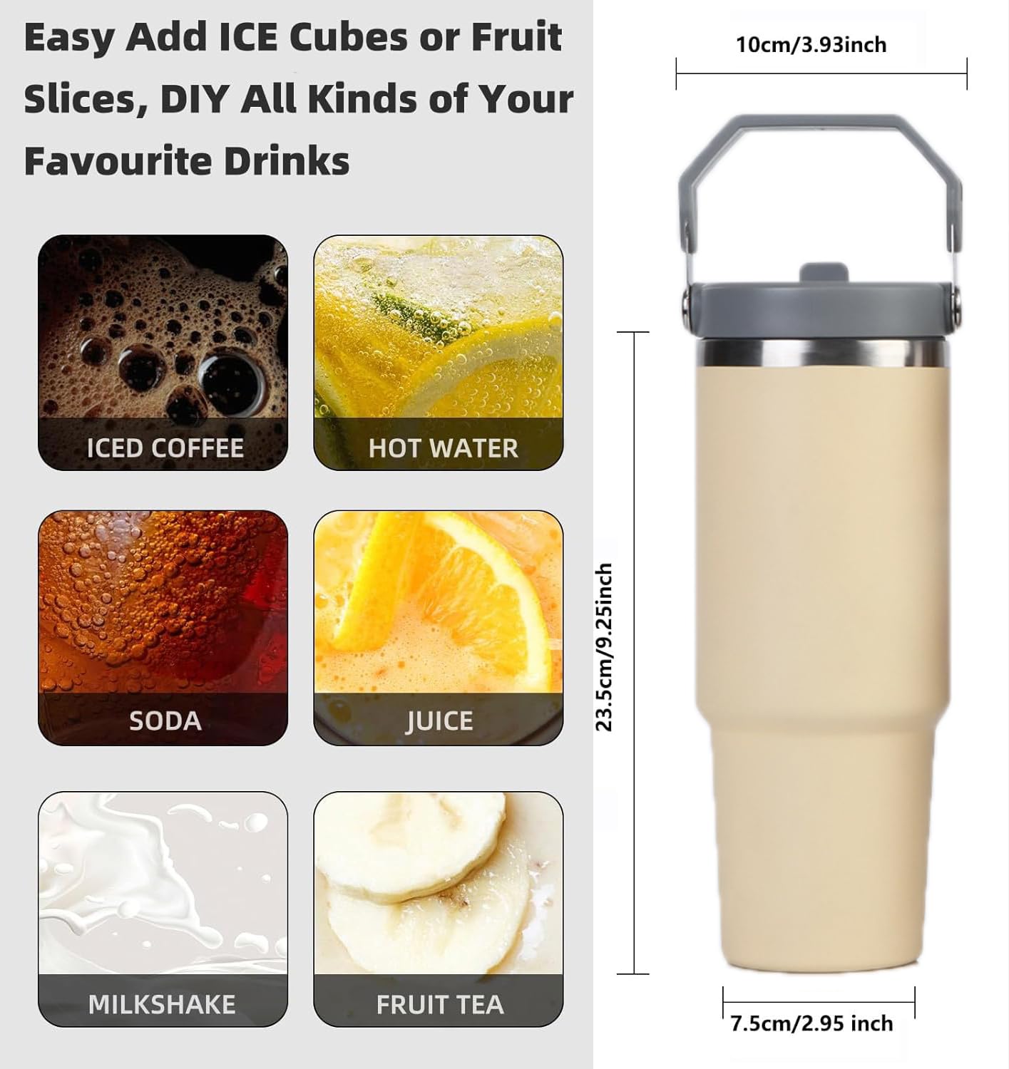 Facdiary 30oz Tumbler With Straw Lid Vacuum Sealed Insulated Cup Reusable Stainless Steel Water Bottle Trave for Water, Iced Tea or Coffee (Off-white)