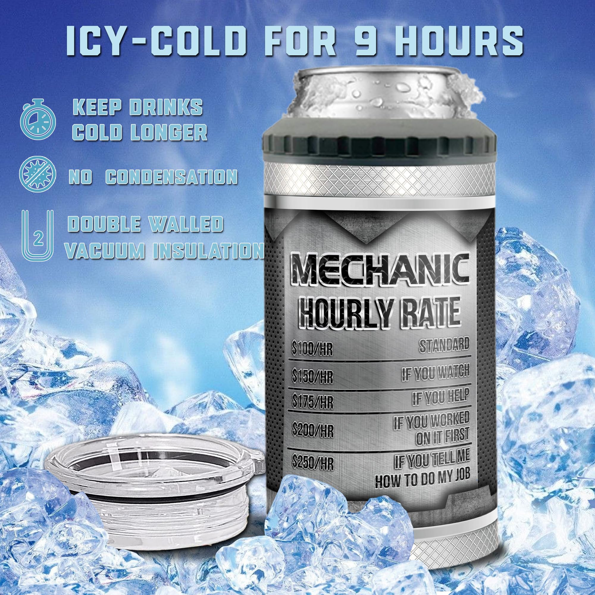 Personalized Mechanic Can Cooler 4 in 1 Holder Cup with Lid Customized Name 16oz Beer Drinking Gifts for Men Dad Birthday Fathers Day Retirement