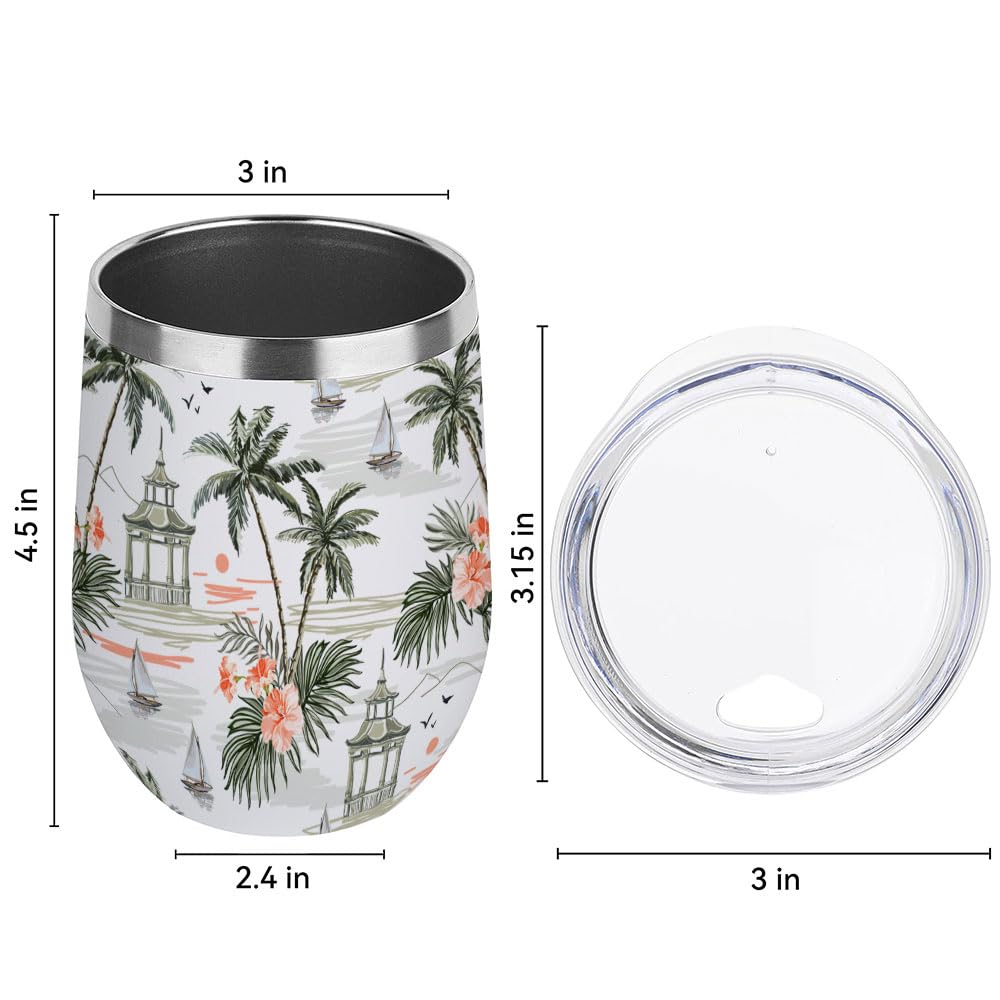 silichee 12 Oz Stainless Steel Insulated Tumblers with Lid Beautiful Tropical Pattern Background Coconut Palm Trees Sailboat Insulated Tumblers Vacuum Coffee Mugs for Hot and Cold Drinks,Wine,Coffee