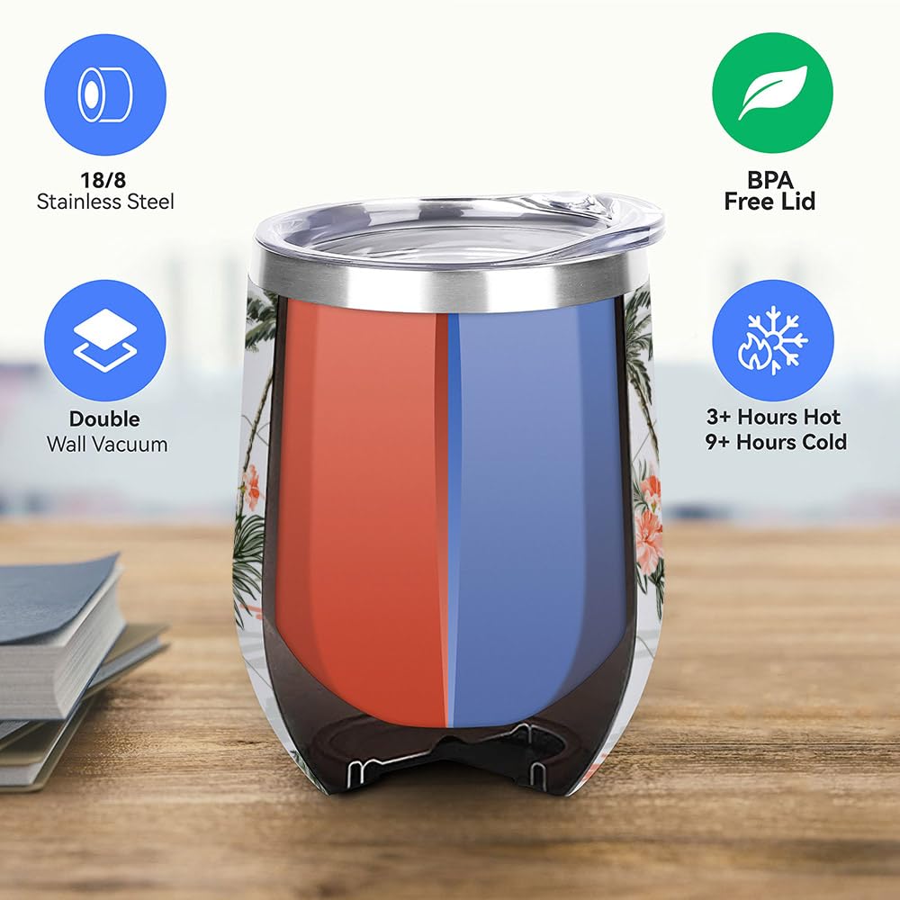 silichee 12 Oz Stainless Steel Insulated Tumblers with Lid Beautiful Tropical Pattern Background Coconut Palm Trees Sailboat Insulated Tumblers Vacuum Coffee Mugs for Hot and Cold Drinks,Wine,Coffee