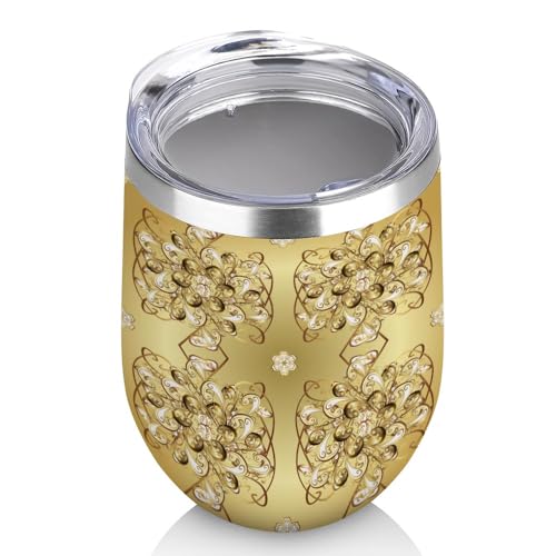 silichee 12 Oz Stainless Steel Stanley Cup with Lid Christmas Snowflake New Year Vintage Pattern Yellow Colors Golden Insulated Tumblers Vacuum Coffee Mugs for Hot and Cold Drinks,Wine,Coffee