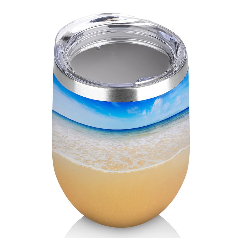 silichee 12 Oz Stainless Steel Stanley Cup with Lid Blue Tropical Sea Sky Clouds Horizon Yellow Sandy Beach Insulated Tumblers Vacuum Coffee Mugs for Hot and Cold Wine,Drinks,Coffee