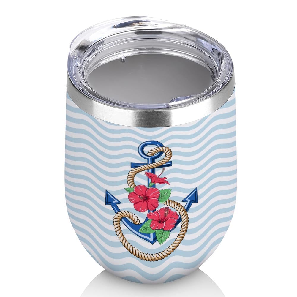silichee 12 Oz Stainless Steel Stanley Cup with Lid Hibiscus Flowers Pattern Anchor Insulated Tumblers Vacuum Coffee Mugs for Hot and Cold Coffee,Wine,Drinks