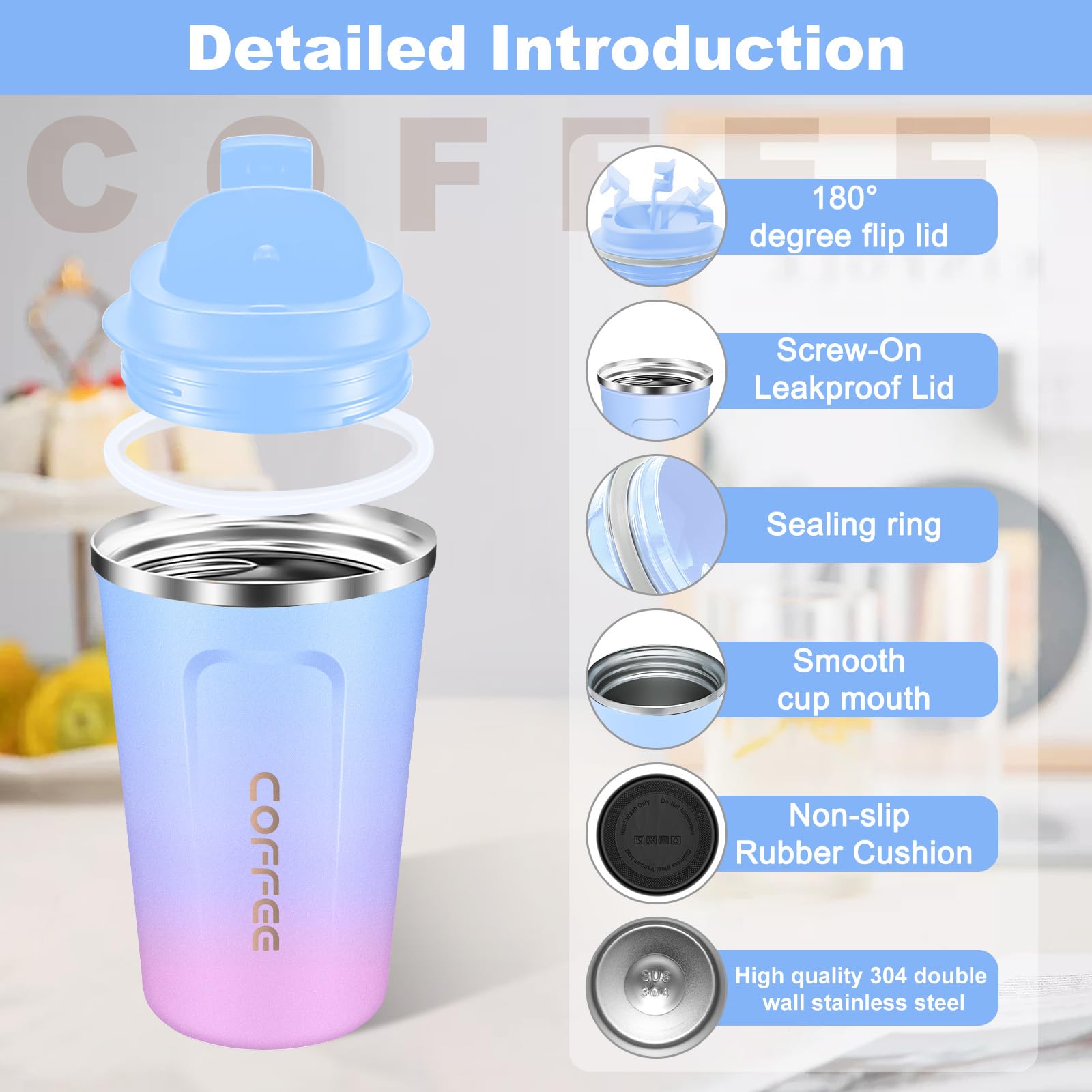 JTRYEMU Travel coffee mug 12 oz Insulated Coffee cup with lid reusable Leak proof Coffee Tumbler Stainless Steel Vacuum Gradient Colorful Thermos cup Thermal Keeps Cold and Hot for Coffee/Tea